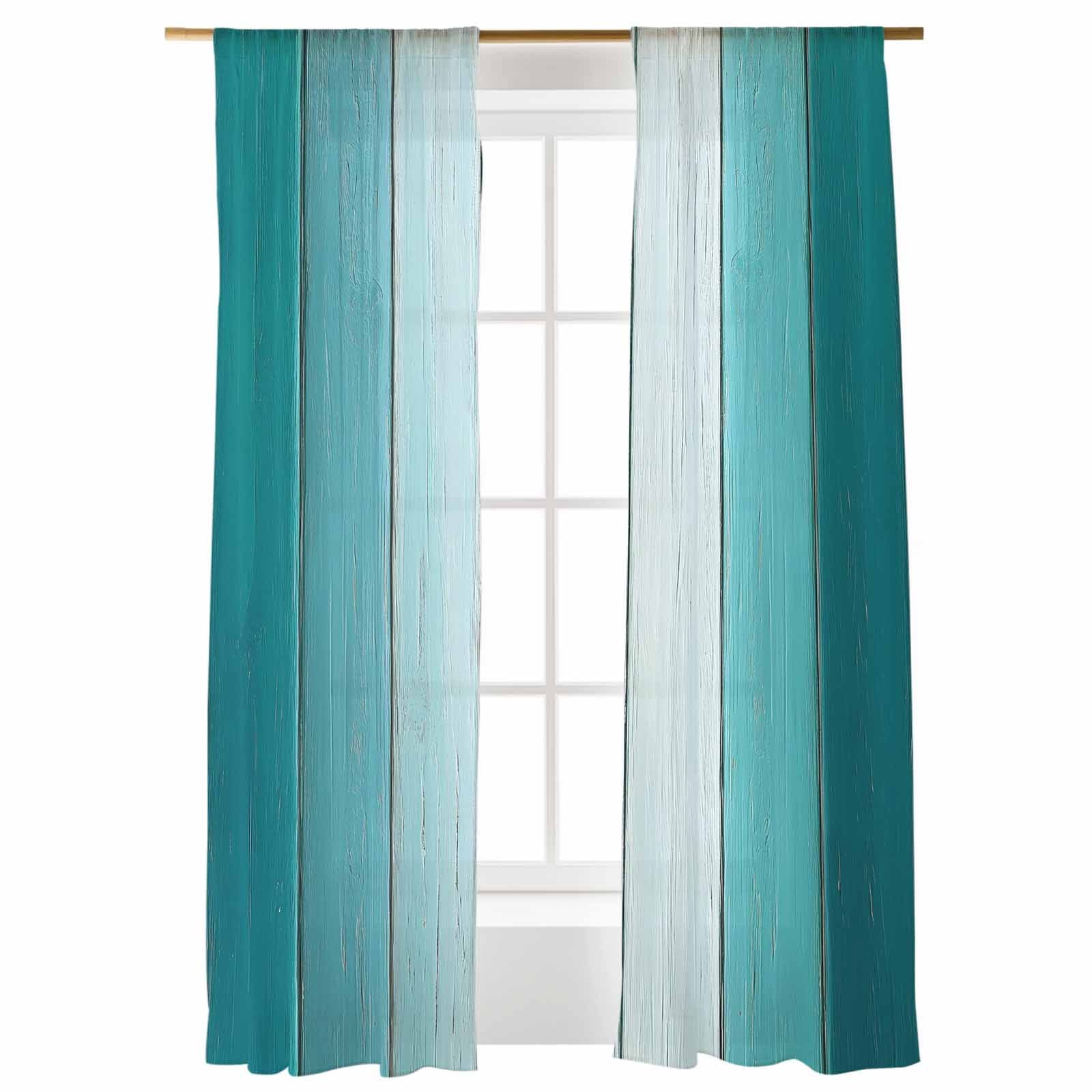 Sheer Curtains 84 inches Long, Teal Green Gradient Wood Grain Farmhouse ...
