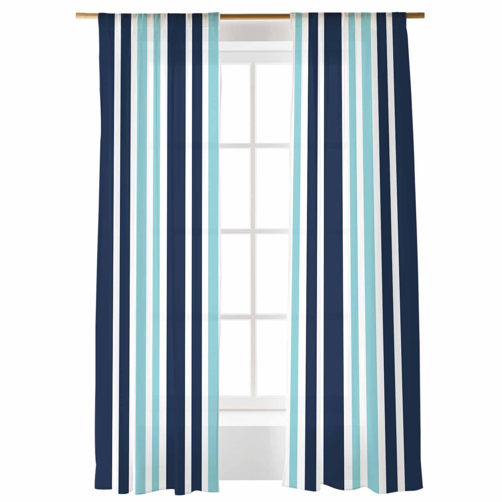 Sheer Curtains 84 inches Long, Turquoise Dark Blue Striped Contrast ...