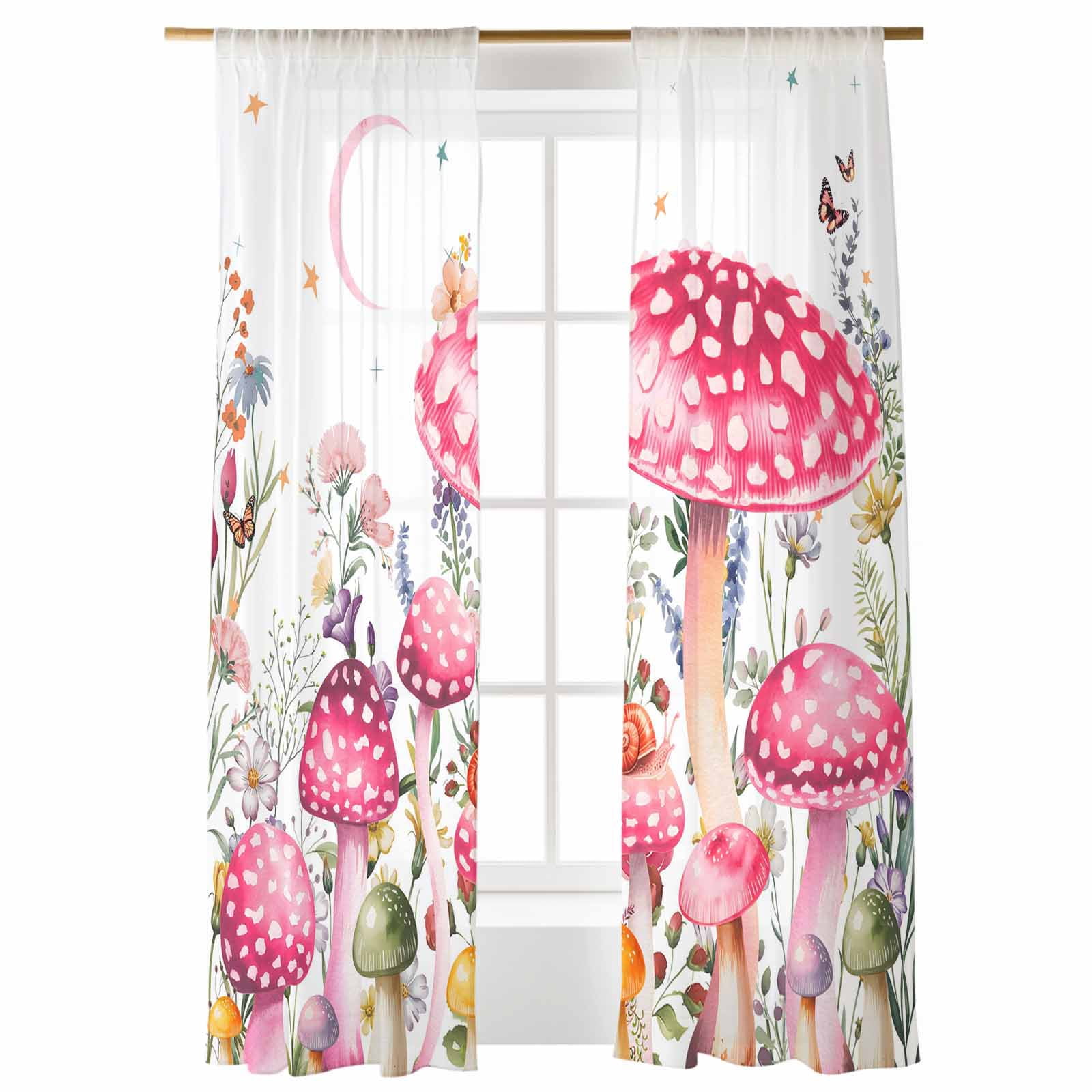 Sheer Curtains 84 inches Long, Watercolor Mushroom Pink Flower ...