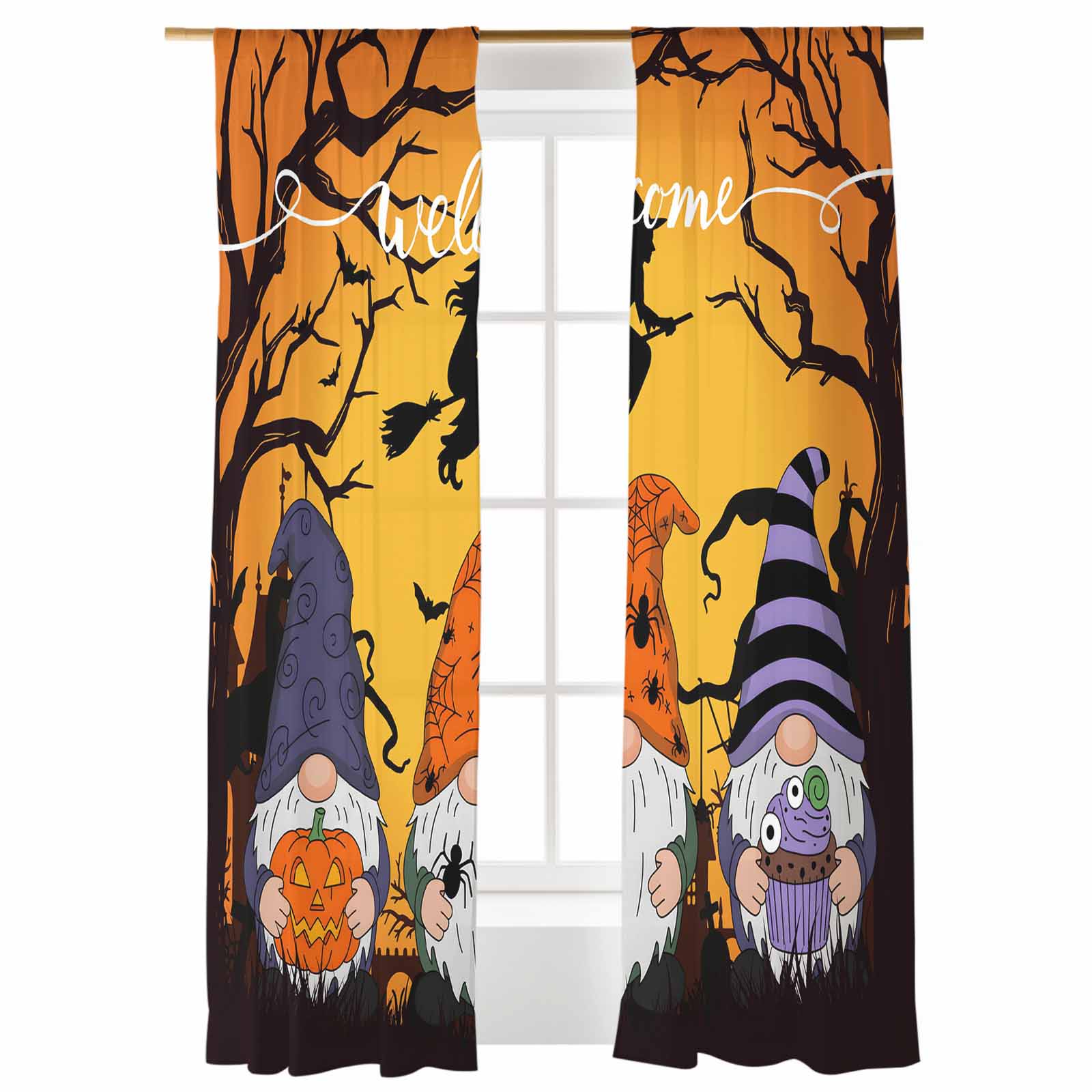 Sheer Curtains 84 inches Long, Welcome Halloween Retro Flying Wizard ...