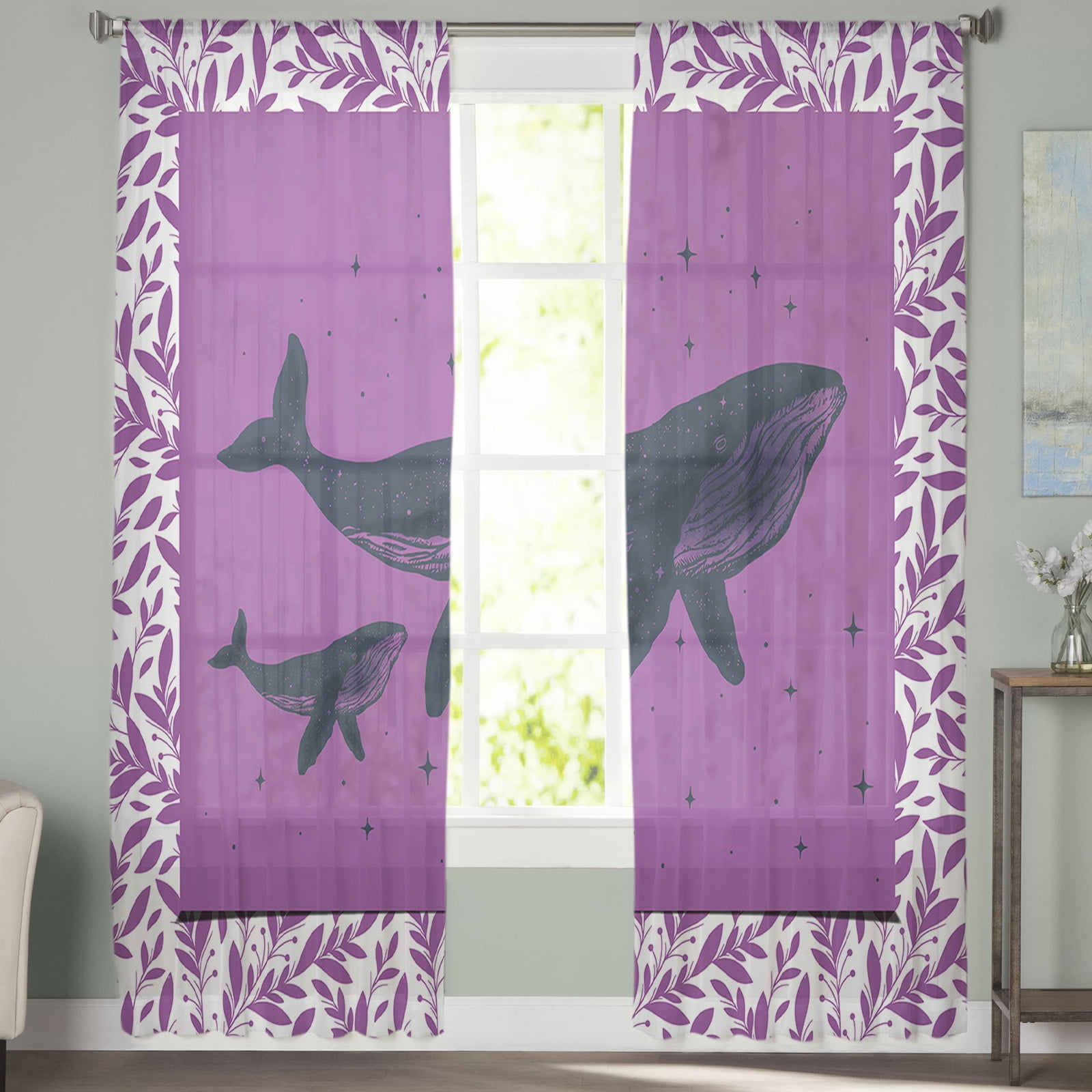 Sheer Curtains 84 inches Long, Whale Stars Leaves Romantic Purple Light ...