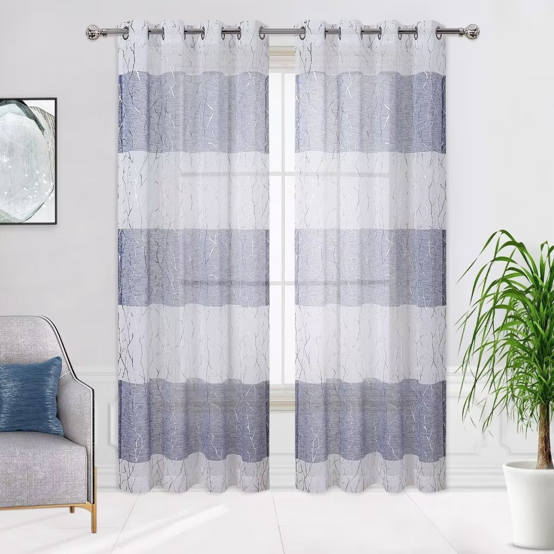 Sheer Curtains 95 inch Long 2 Panels Grommet Silver Tree Branch Semi ...
