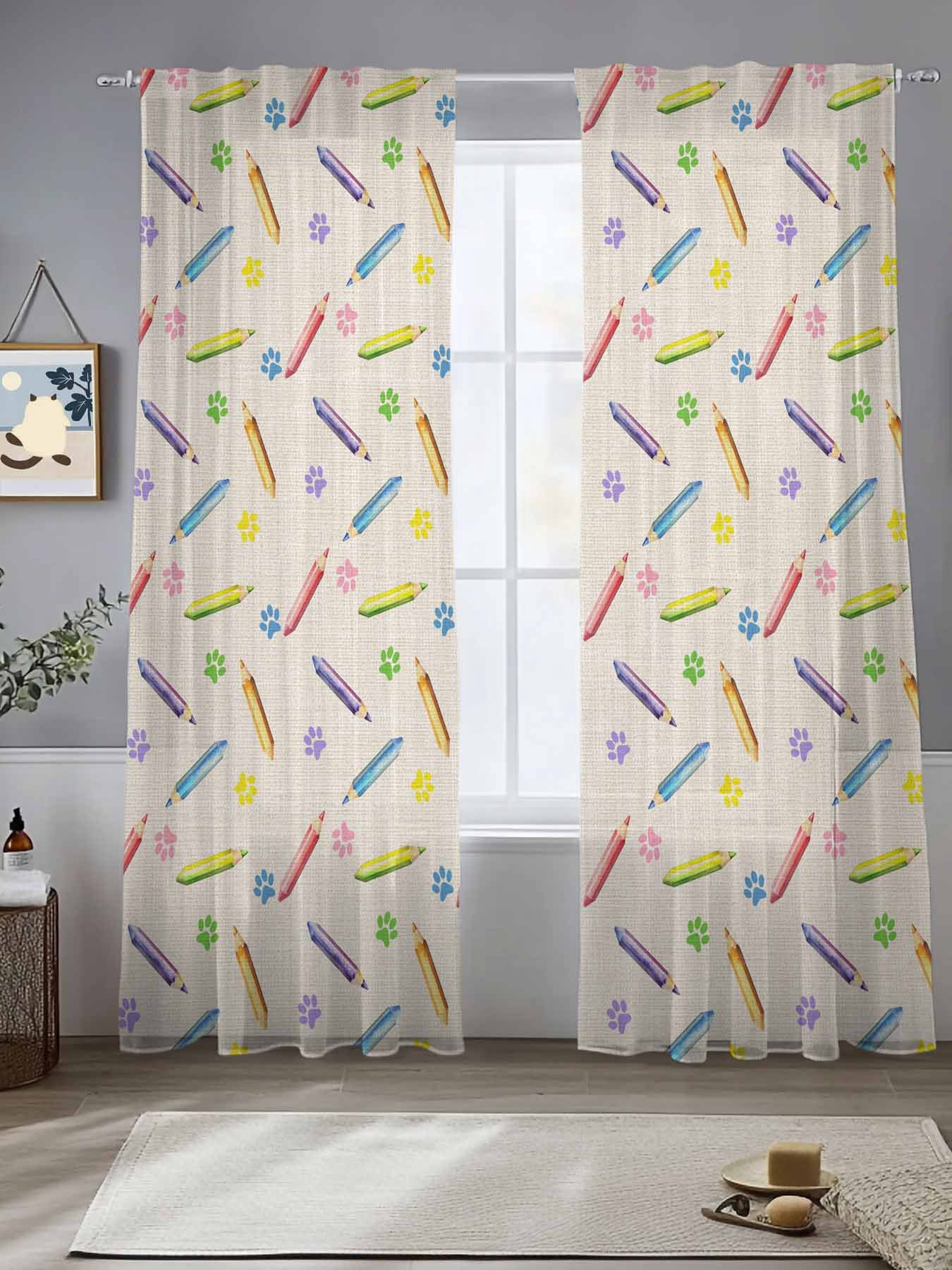 Sheer Curtains 96 Inches Long 2 Panels, Cute Paw Print Pencil on Linen ...