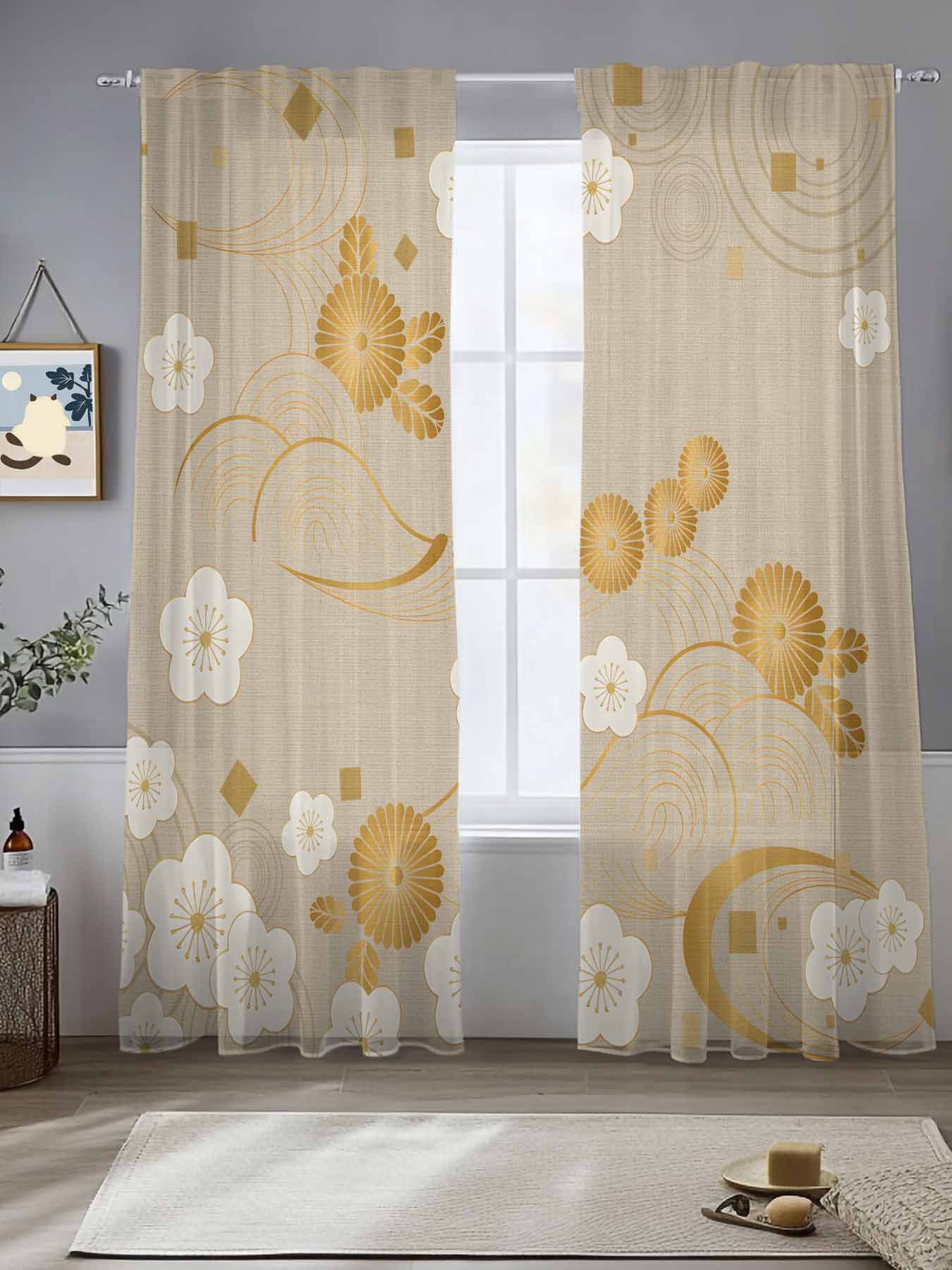 Sheer Curtains 96 Inches Long 2 Panels, Japanese Harmony Cherry ...