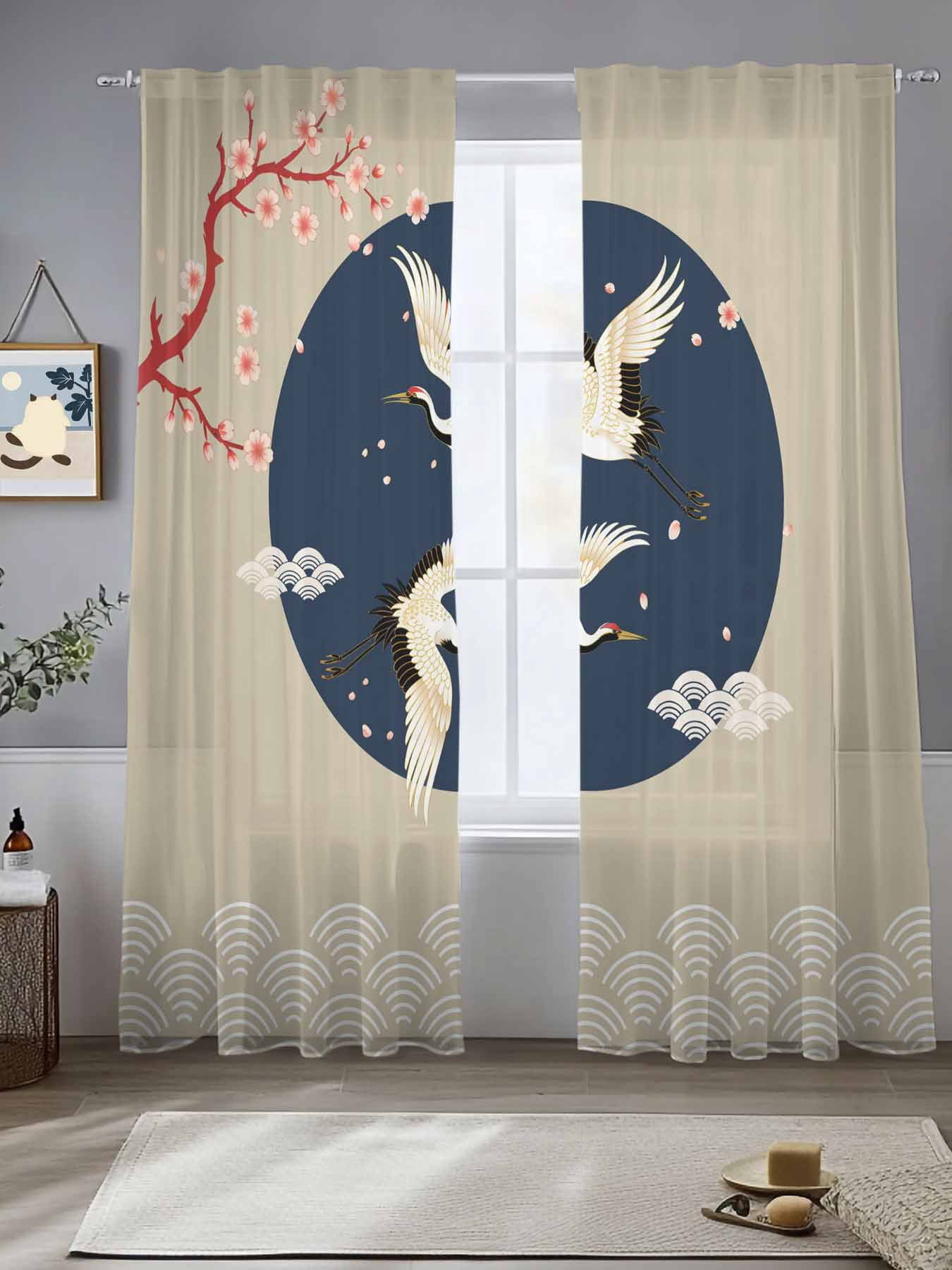 Sheer Curtains 96 Inches Long 2 Panels, Japanese Style Cherry Blossom ...