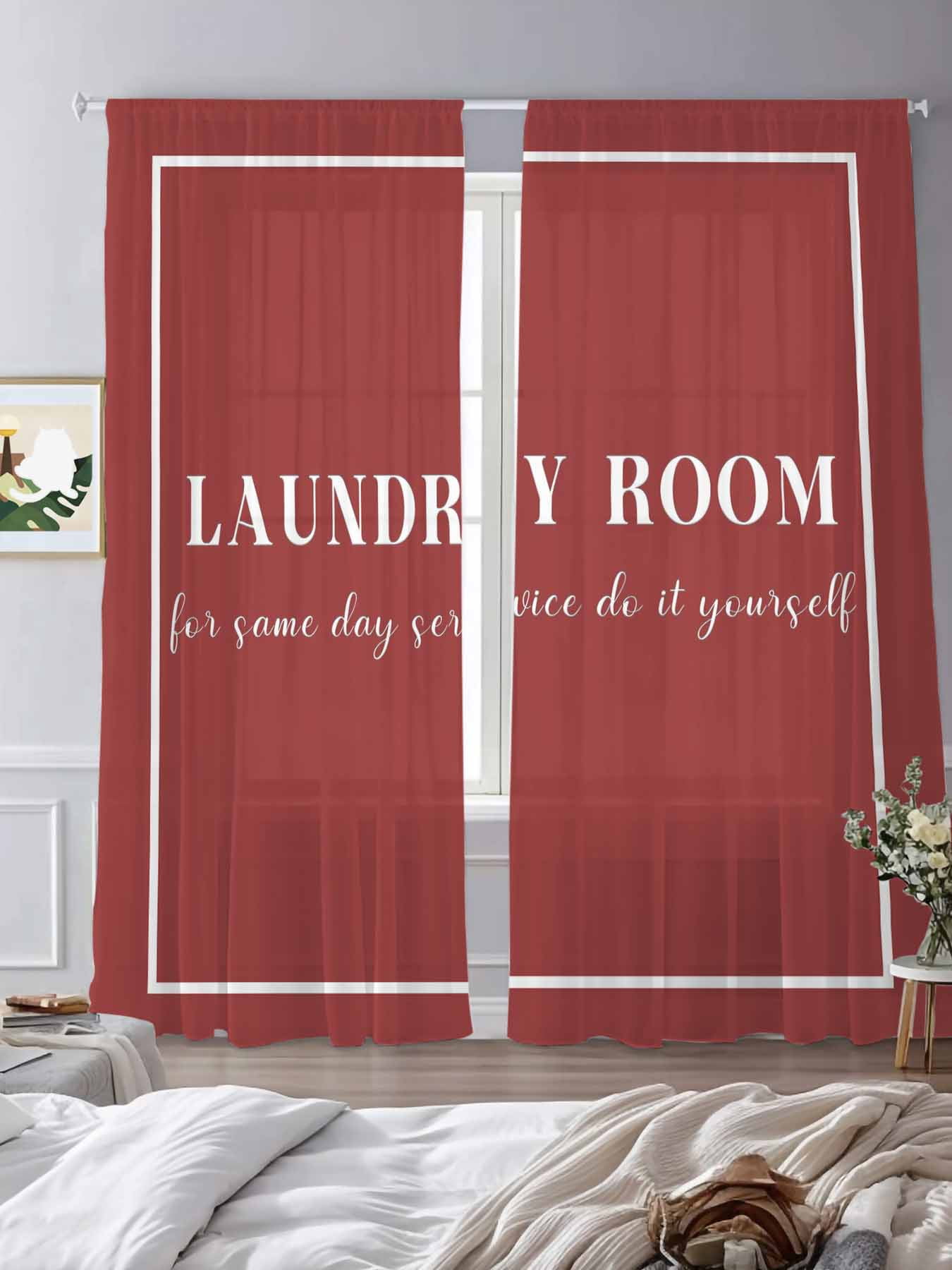 Sheer Curtains 96 Inches Long 2 Panels, Laundry Room Words Rod Pocket ...