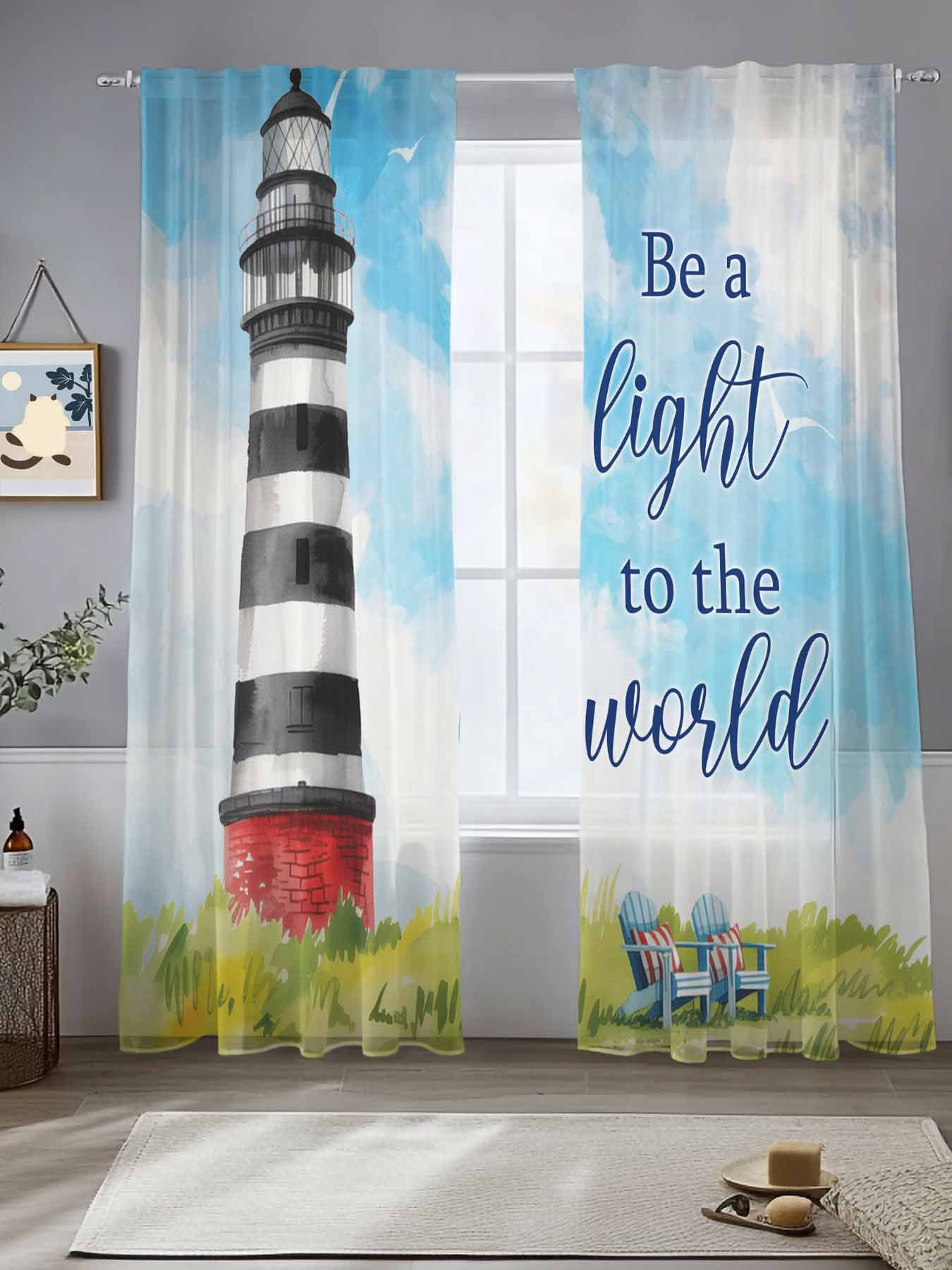 Sheer Curtains 96 Inches Long 2 Panels, Nautical Lighthouse Blue Sky ...
