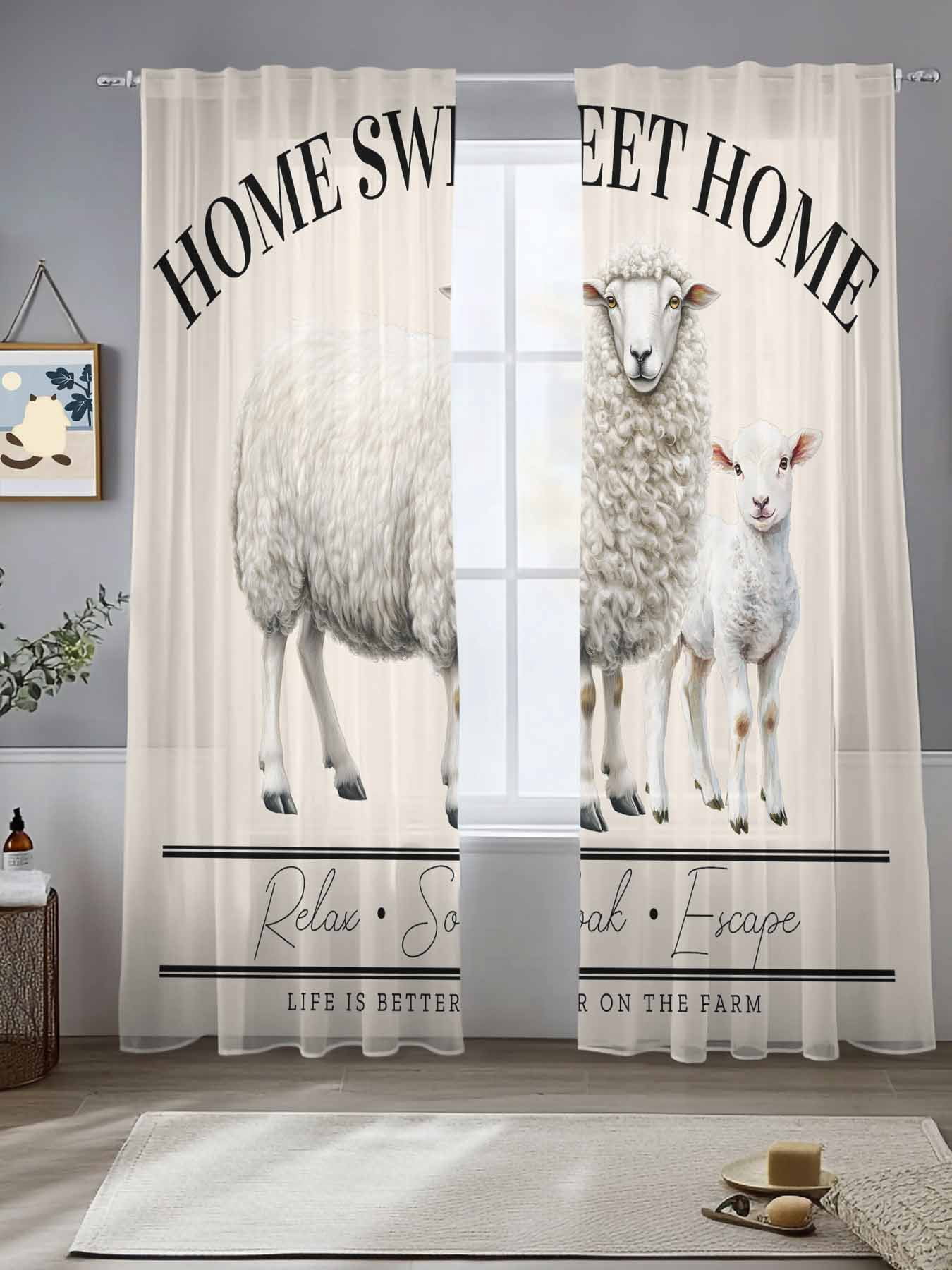 Sheer Curtains 96 Inches Long 2 Panels, Rustic Animal Farmhouse Sheep ...