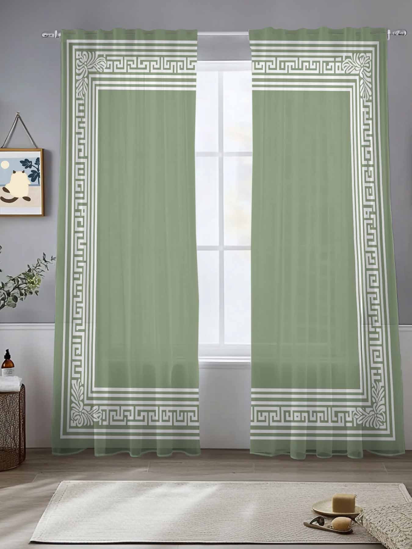 Sheer Curtains 96 Inches Long 2 Panels, Sage Green Greece Key Rod ...