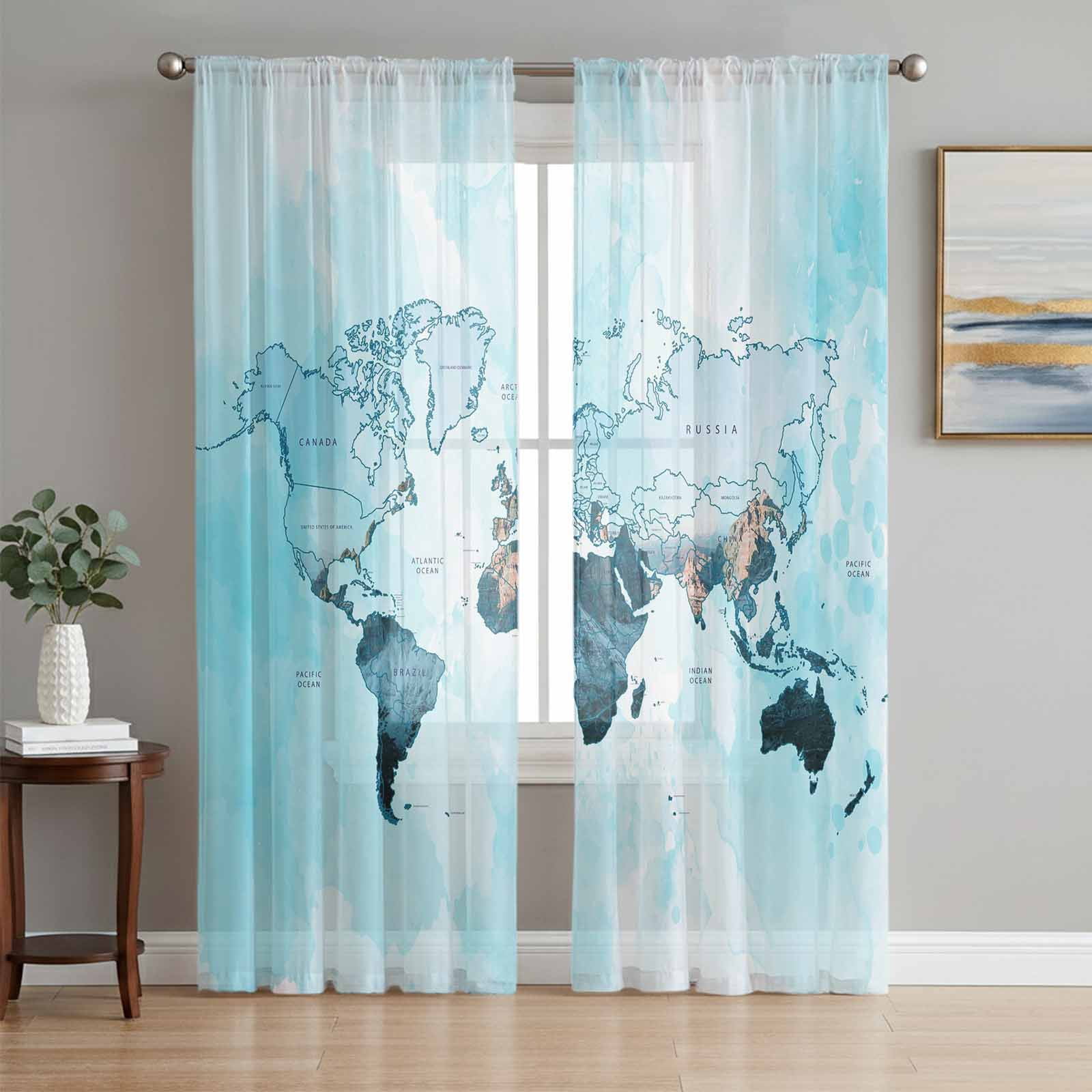 Sheer Curtains 96 Inches Long 2 Panels Set for Living Room, Blue Maps ...