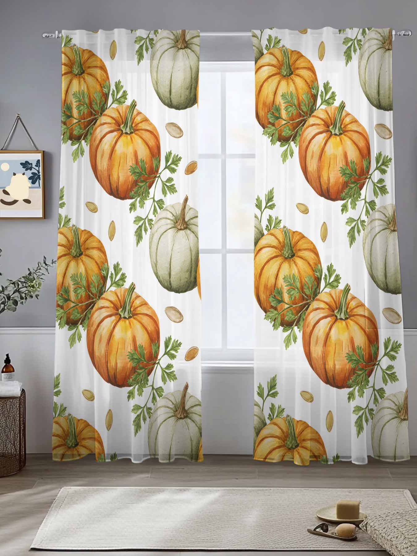 Sheer Curtains 96 Inches Long 2 Panels, Yellow Pumpkin Country Crops ...