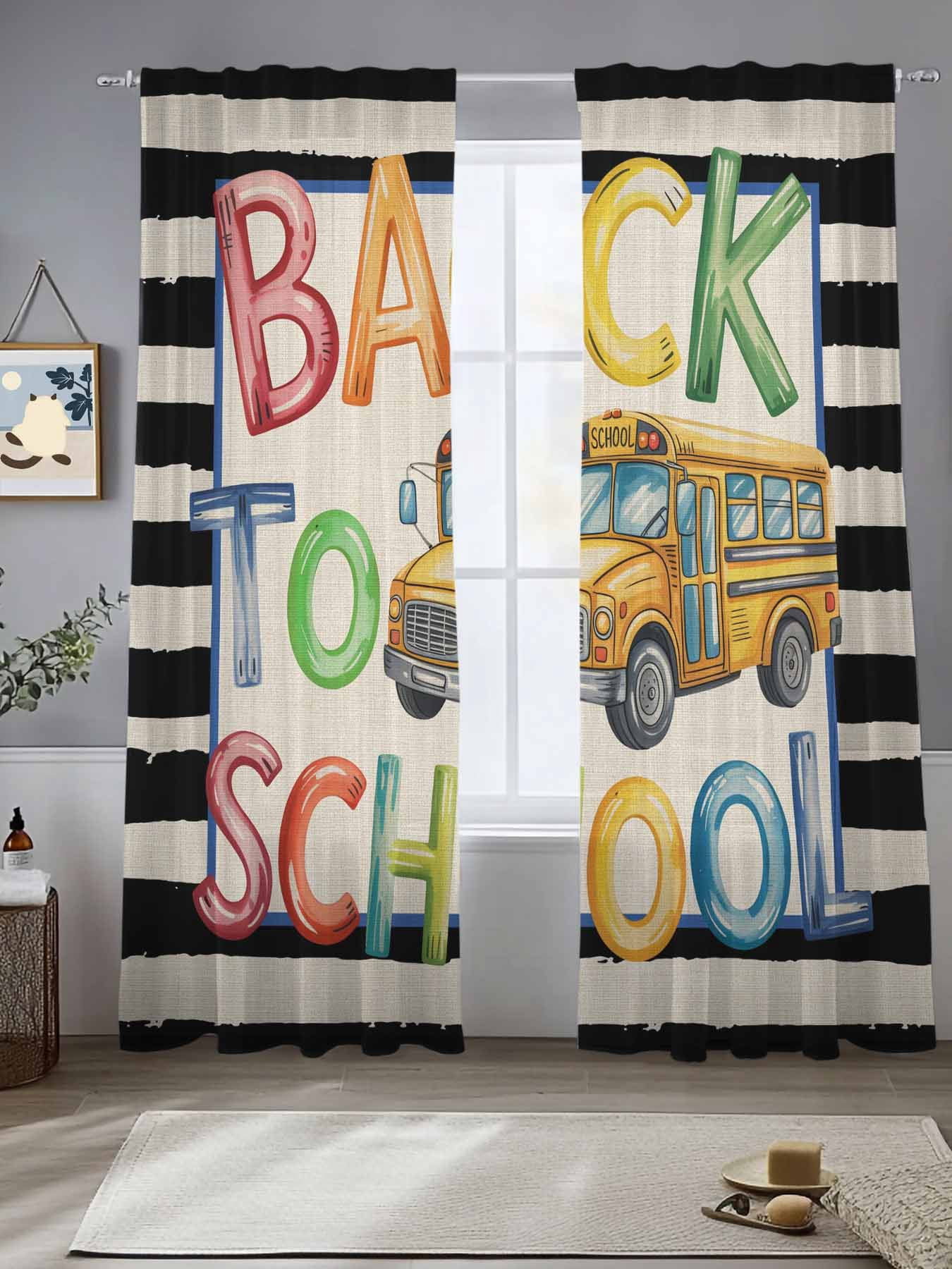 Sheer Curtains 96 Inches Long 2 Panels, Yellow School Bus Black Stripe ...