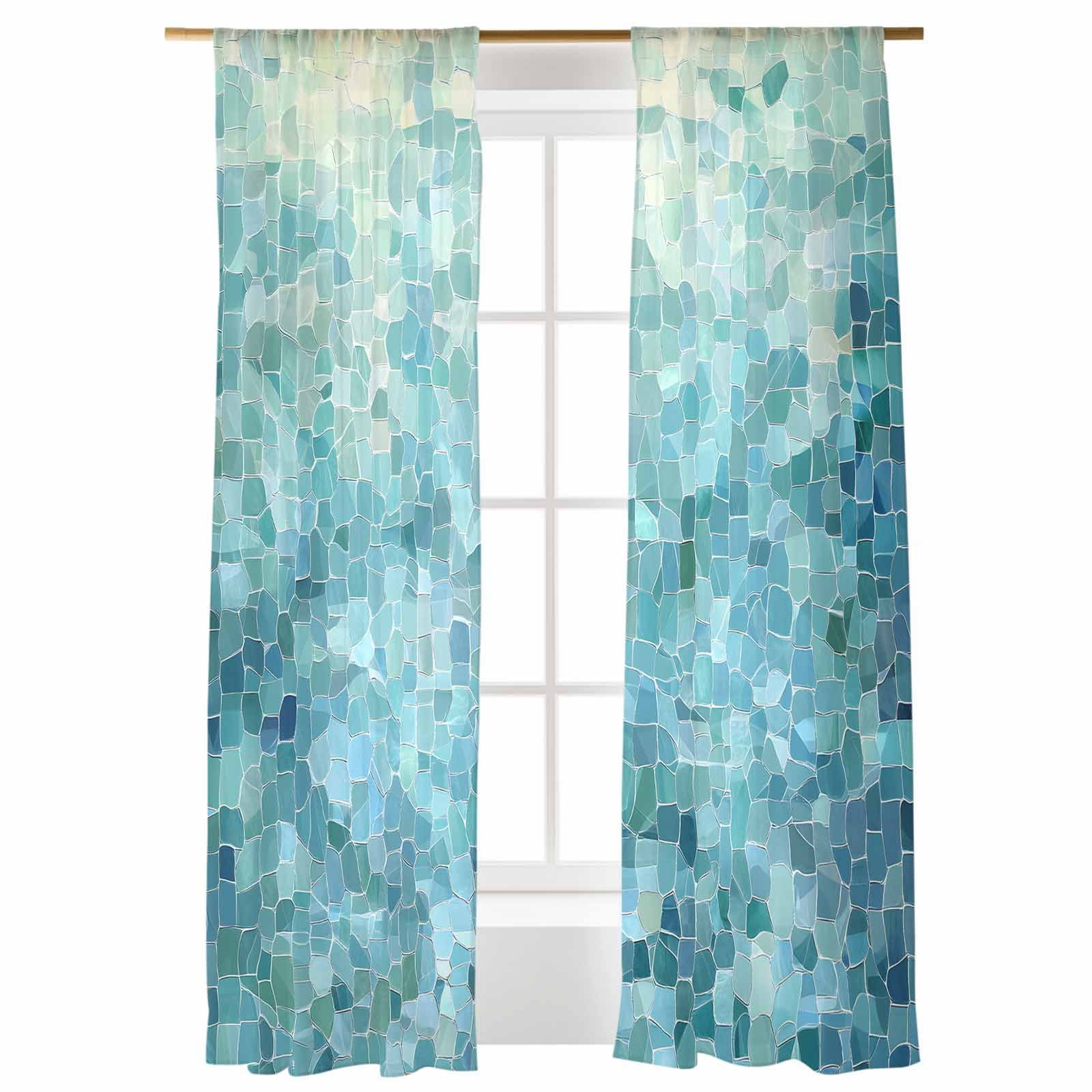 Sheer Curtains 96 inches Long, Abstract Cyan Gradient Glass Shard ...