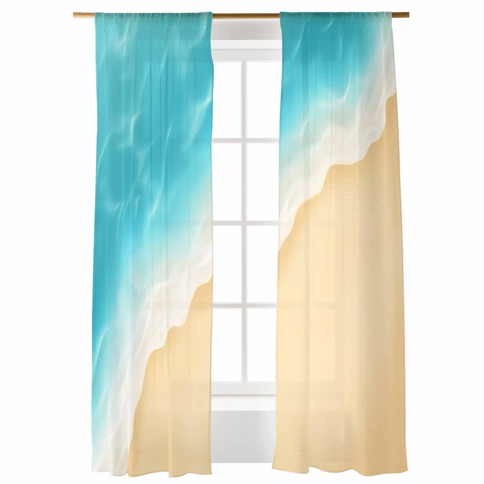 Sheer Curtains 96 inches Long, Abstract Gradient Beach Teal Ocean Wave ...