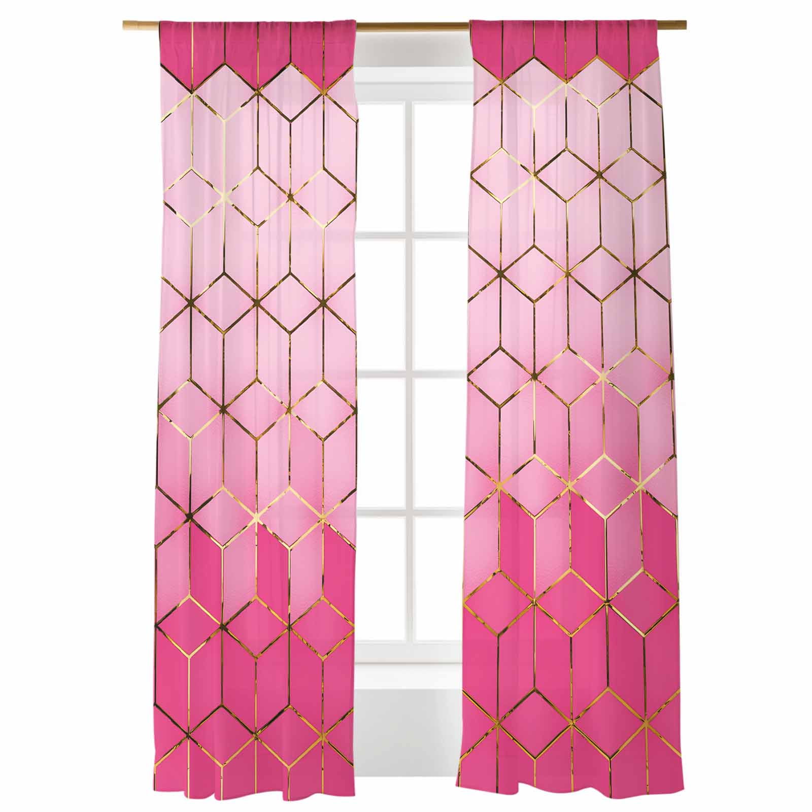 Sheer Curtains 96 inches Long, Abstract Stereo Art Modern Pink Mottled Gradient Light Filtering ...