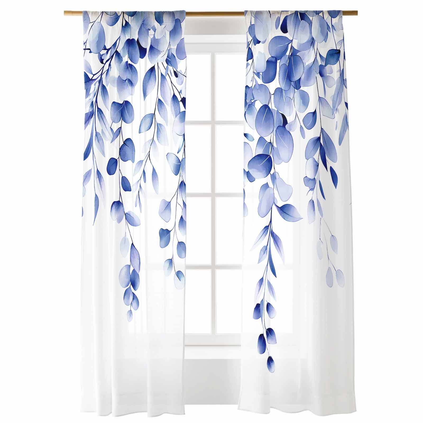Sheer Curtains 96 inches Long, Blue Leaves Eucalyptus Leaf Watercolor ...