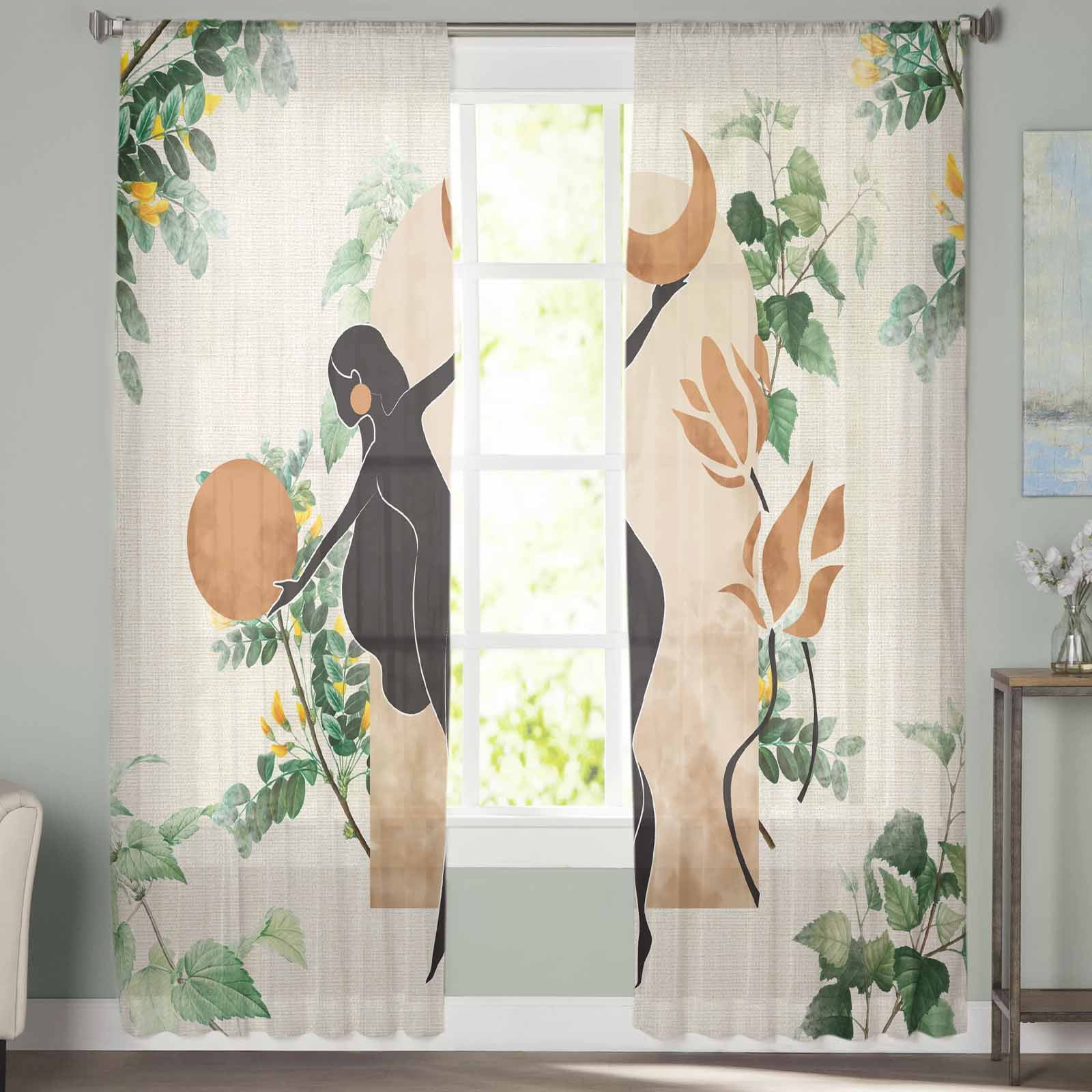 Sheer Curtains 96 inches Long, Boho Women Silhouette Plant Leaves ...