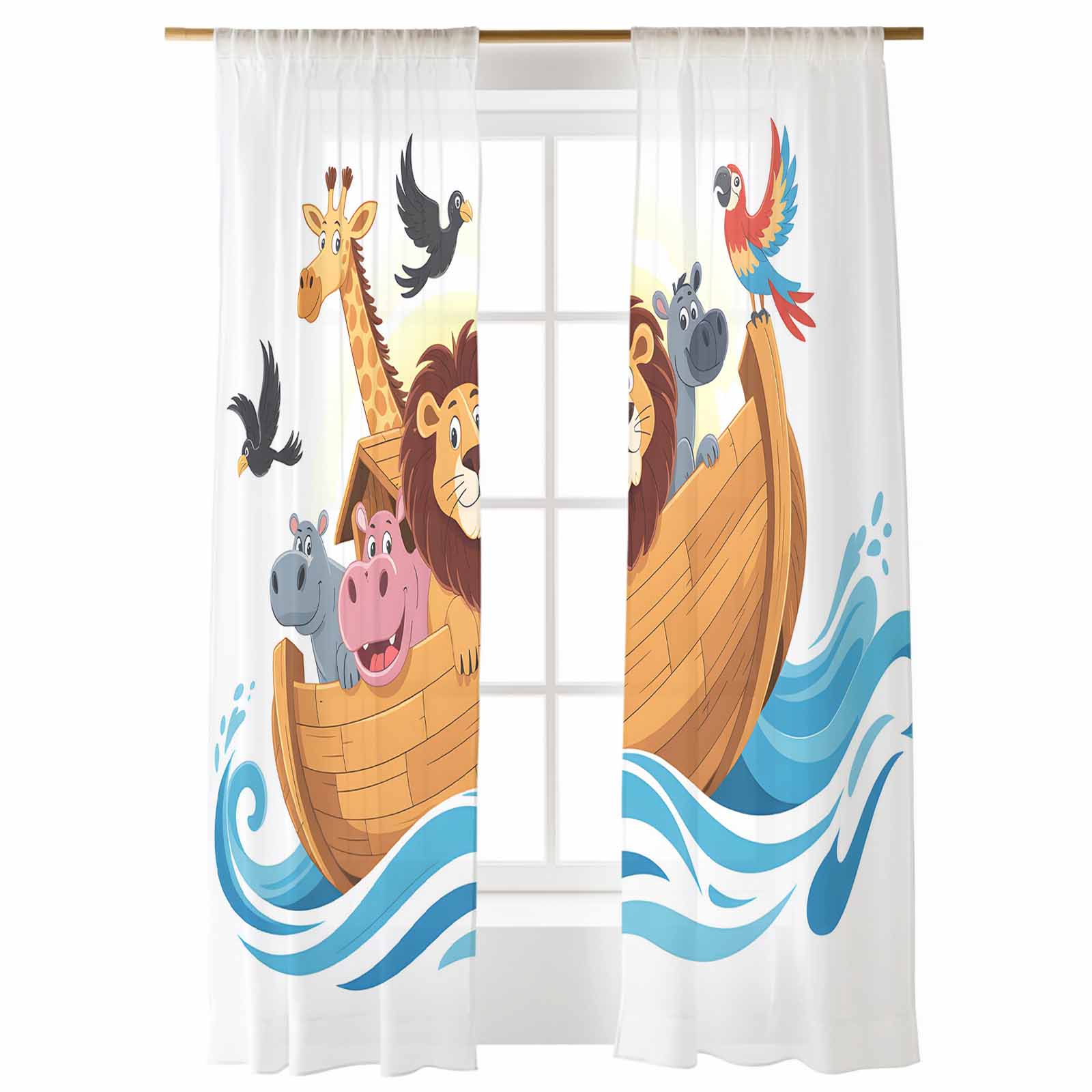 Sheer Curtains 96 inches Long, Cartoon Animals Lion RescueBoat in Ocean ...