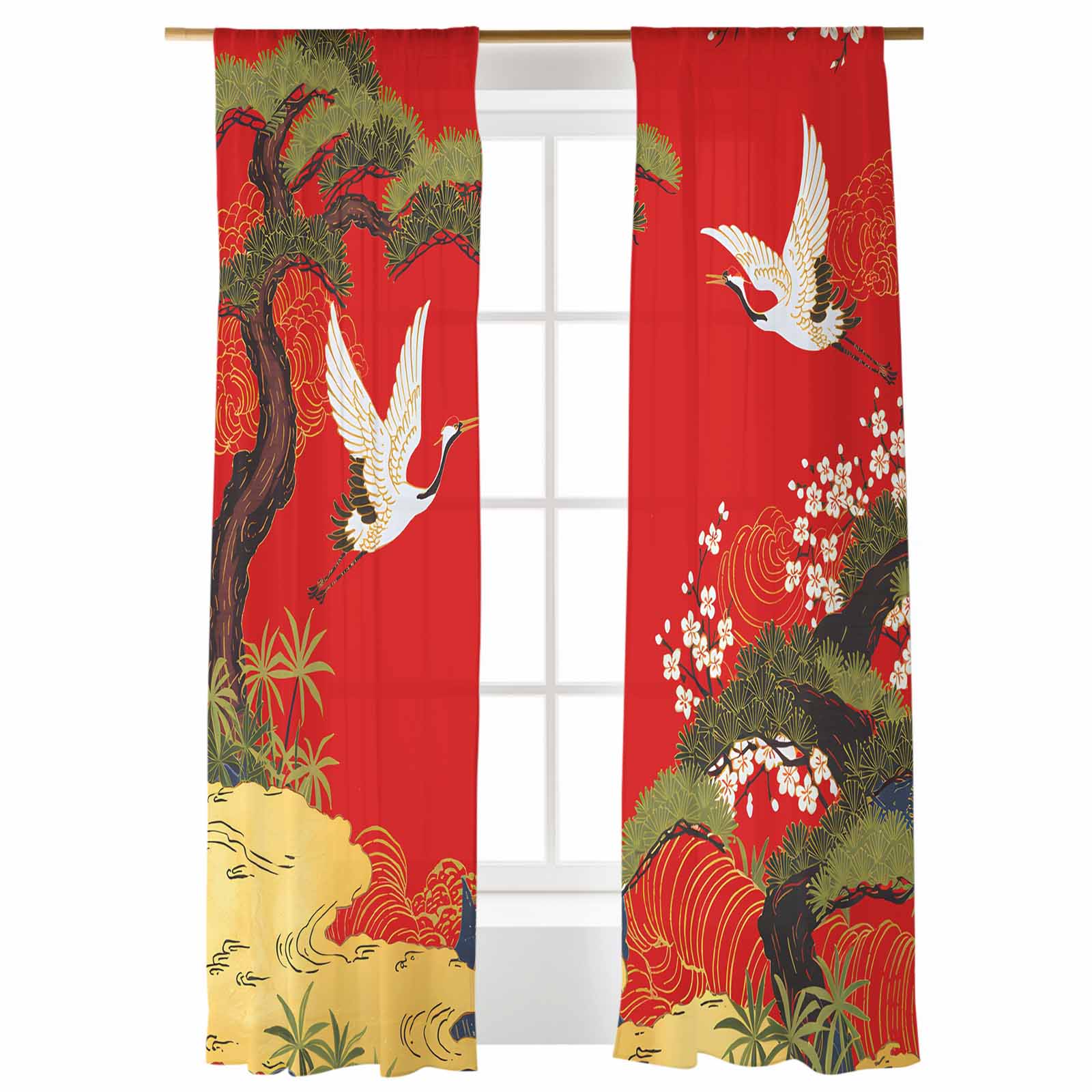 Sheer Curtains 96 inches Long, Classic Animal Crane Pine Golden Moire ...