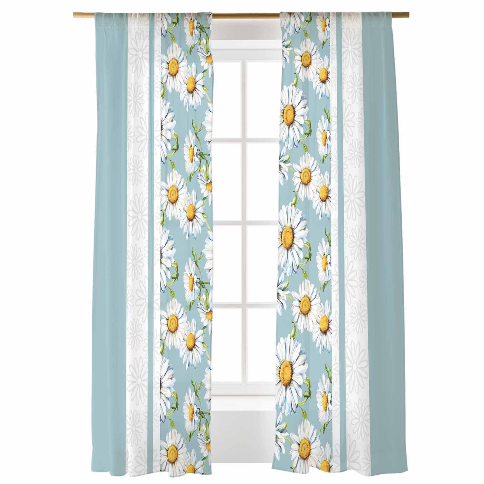 Sheer Curtains 96 inches Long, Country Daisy Blue White Stripes Floral Watercolor Texture Light ...