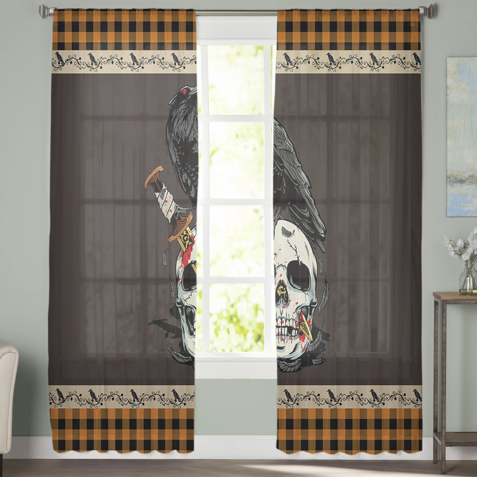 Sheer Curtains 96 inches Long, Crow Standing on Skull Halloween Bloody ...