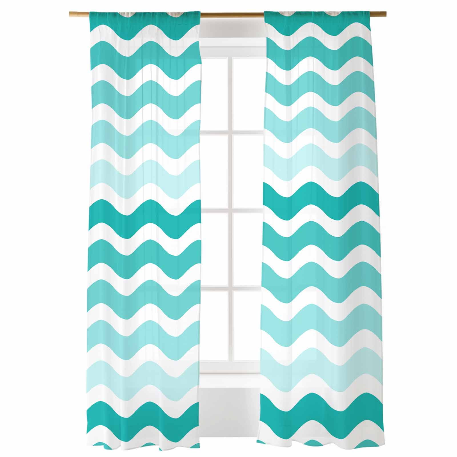 Sheer Curtains 96 inches Long, Cyan Gradient Water Ripple Striped ...