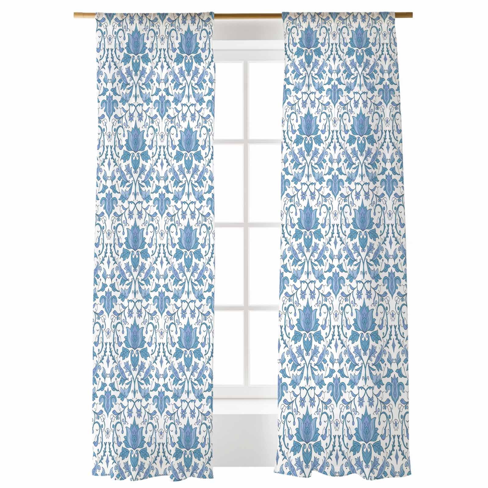 Sheer Curtains 96 inches Long, Ethnic Style Retro Medieval Blue Flower ...