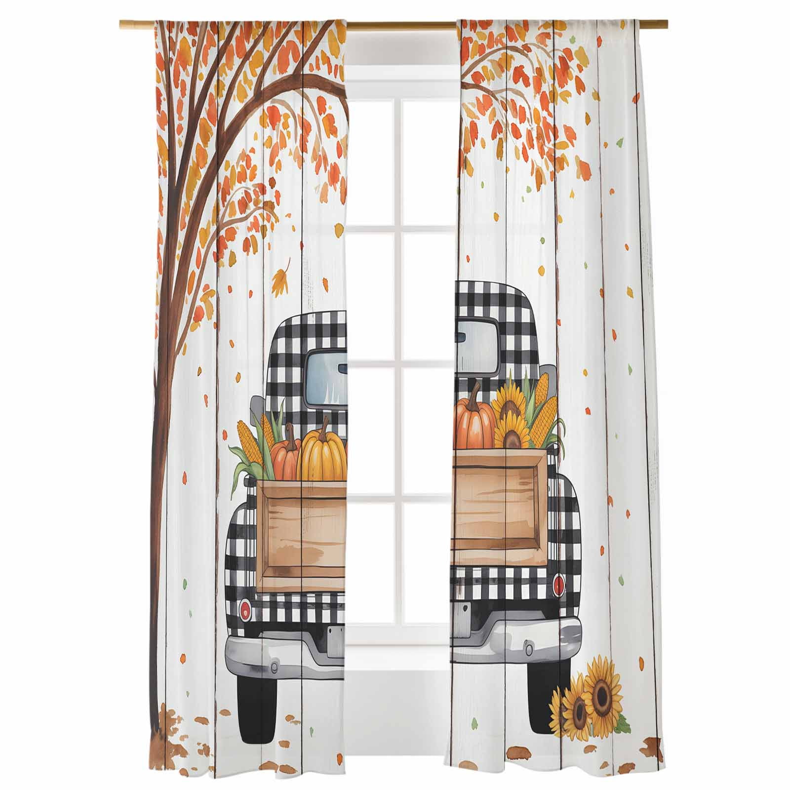 Sheer Curtains 96 inches Long, Fall Thanksgiving Plaid Truck Pumpkin ...