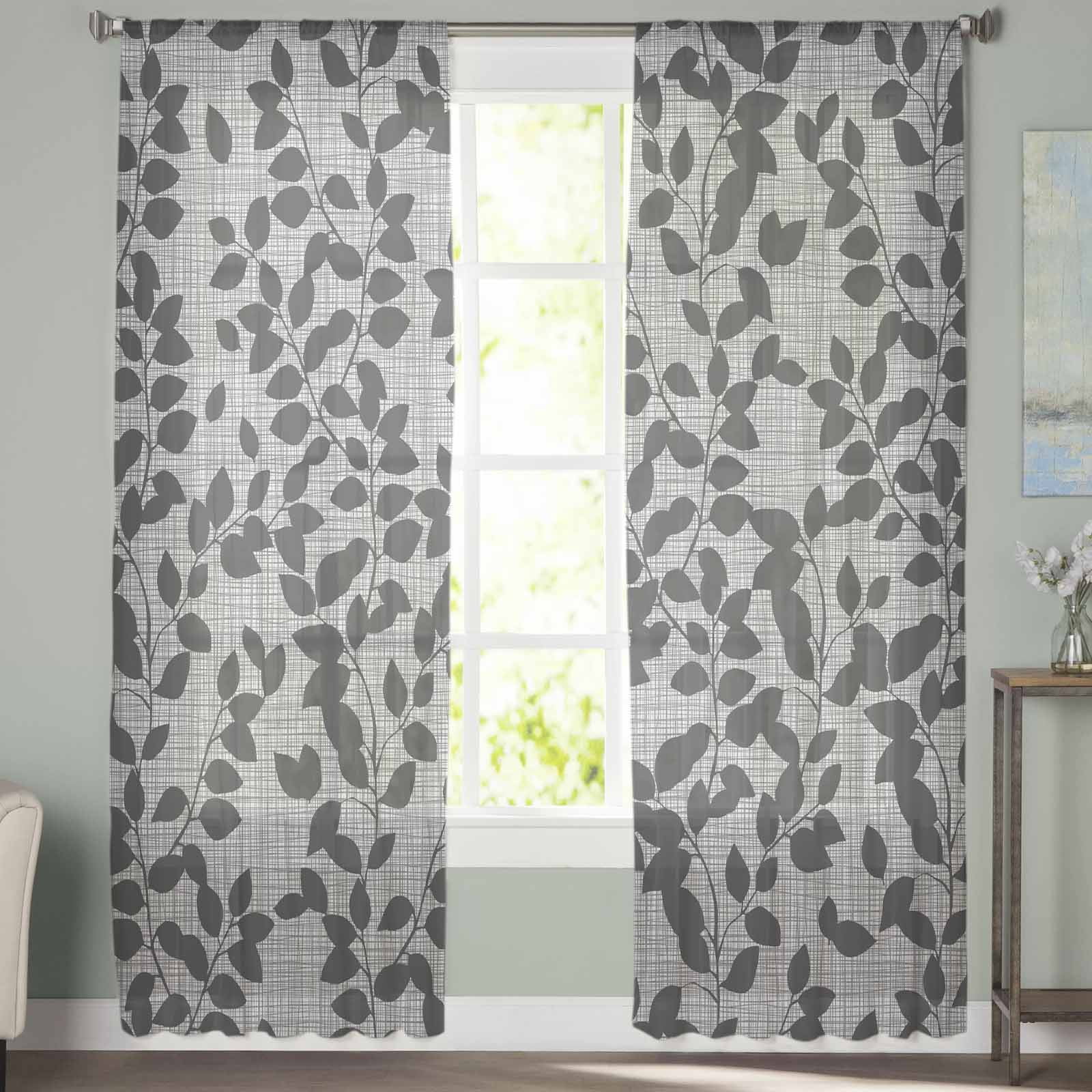Sheer Curtains 96 inches Long, Farmhouse Botanical Gray Leaves Pattern ...