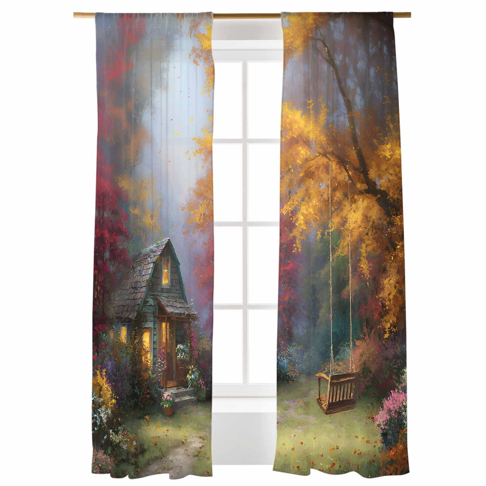 Sheer Curtains 96 inches Long, Forest Cabin Fall Fallen Leaves Tree ...