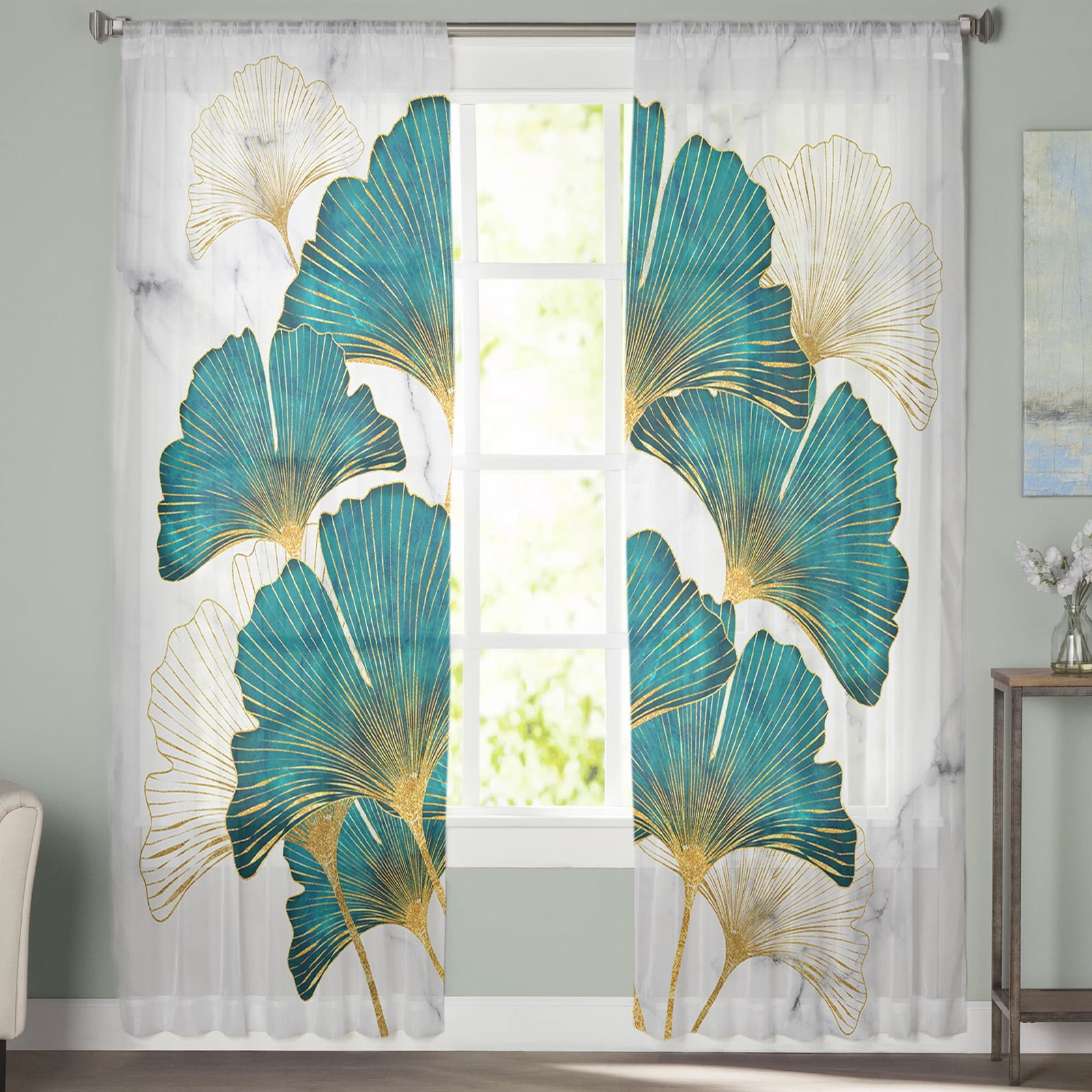 Sheer Curtains 96 inches Long, Ginkgo Biloba Marble Texture Light ...