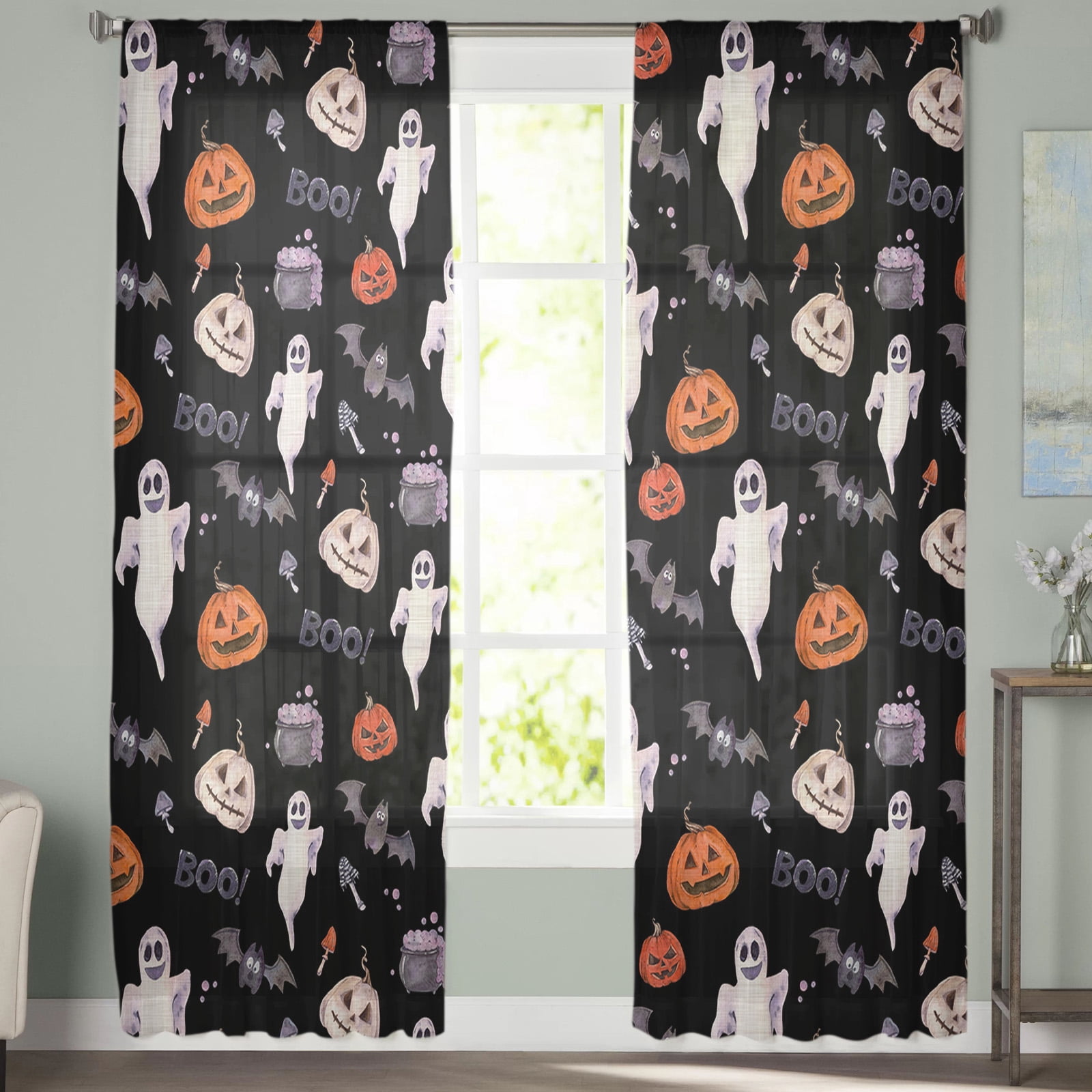 Sheer Curtains 96 inches Long, Halloween Scary Pumpkin Ghost Bat on ...