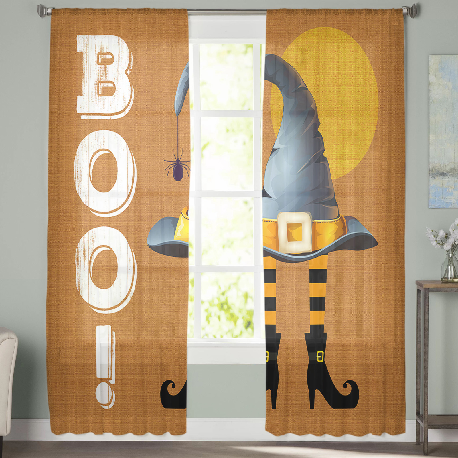 Sheer Curtains 96 inches Long, Halloween Witch Boots and Hat Orange ...