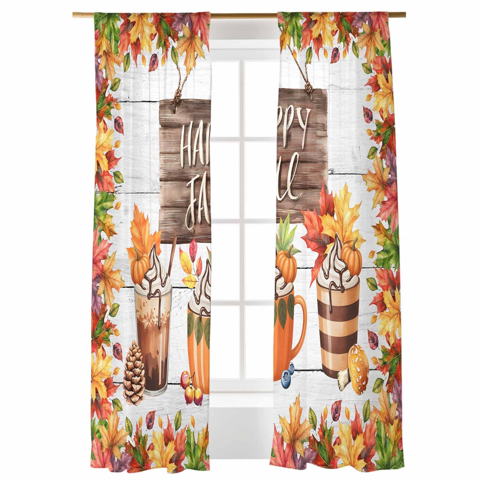 Sheer Curtains 96 inches Long, Happy Fall Autumn Pinecone Maple Leaf ...
