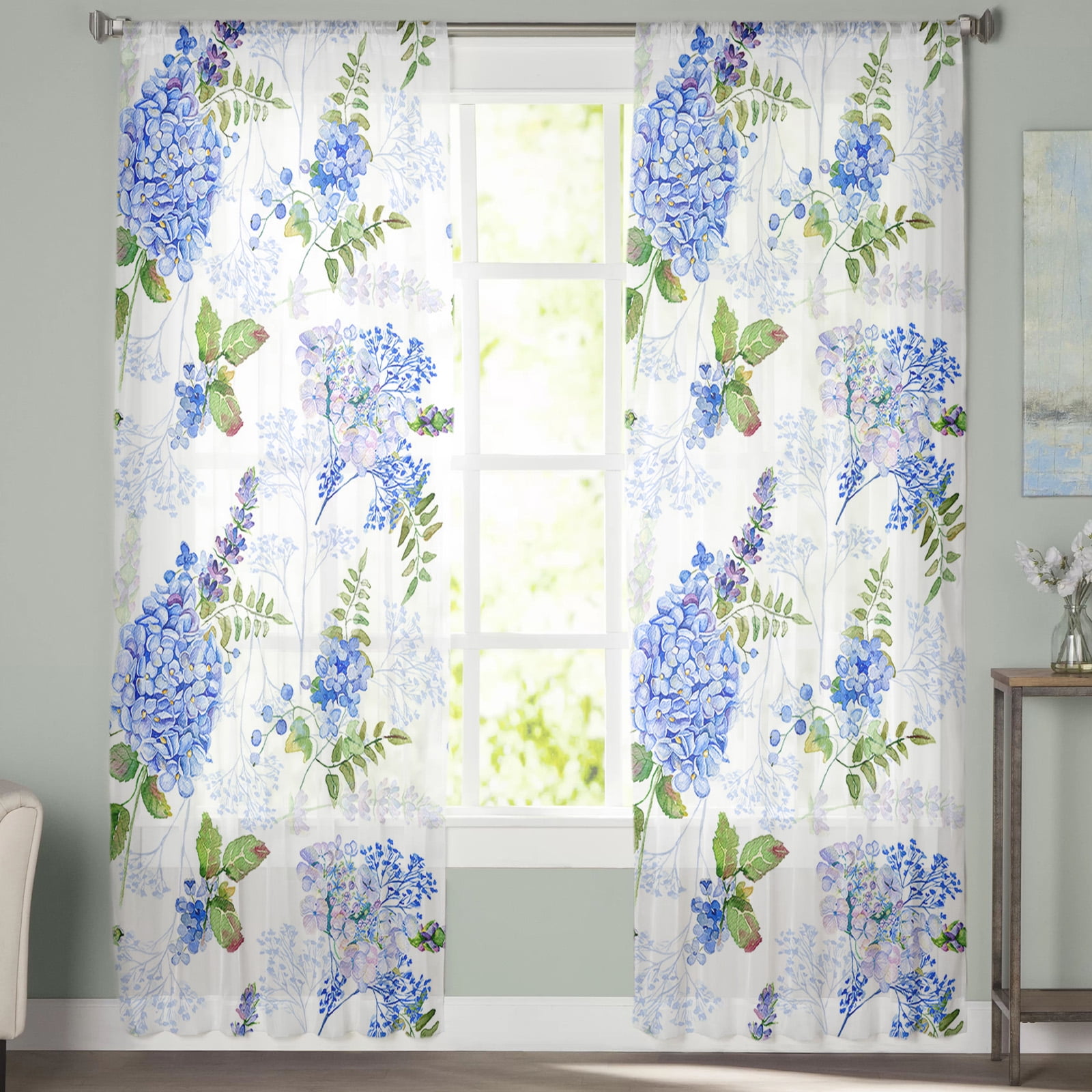Sheer Curtains 96 inches Long, Hydrangea Watercolor Flower Famr Style ...