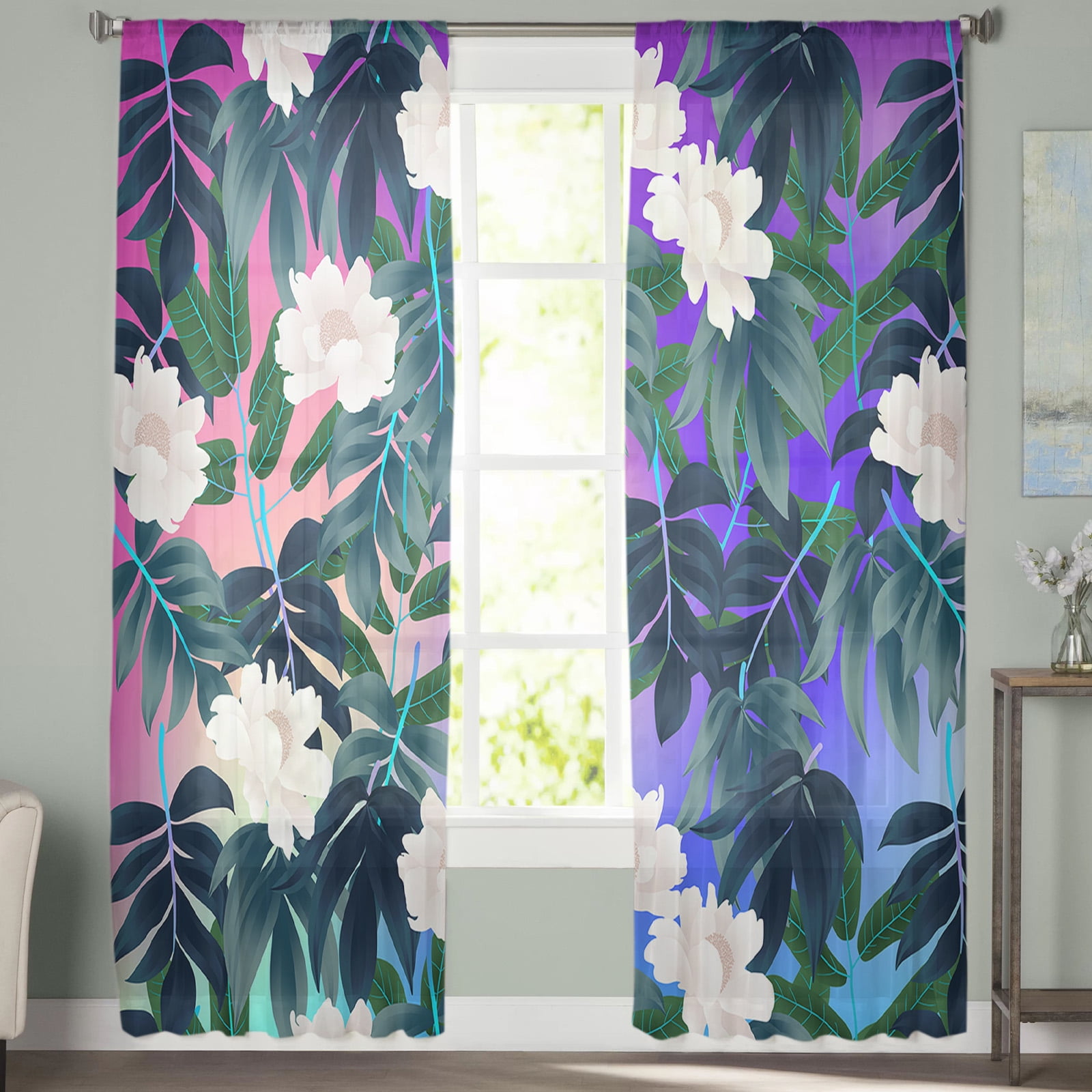 Sheer Curtains 96 inches Long, Leaves Flower Garden Forest Light ...