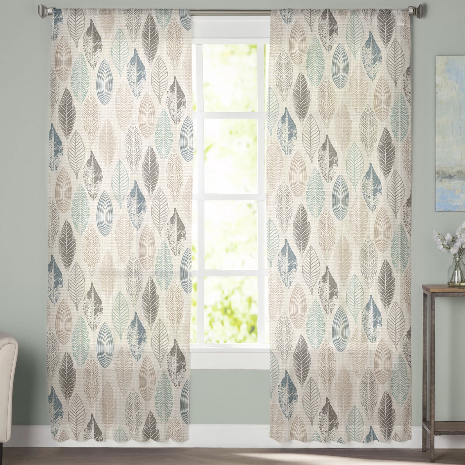 Sheer Curtains 96 inches Long, Leaves Specimens Blue Khaki Teal Grey ...