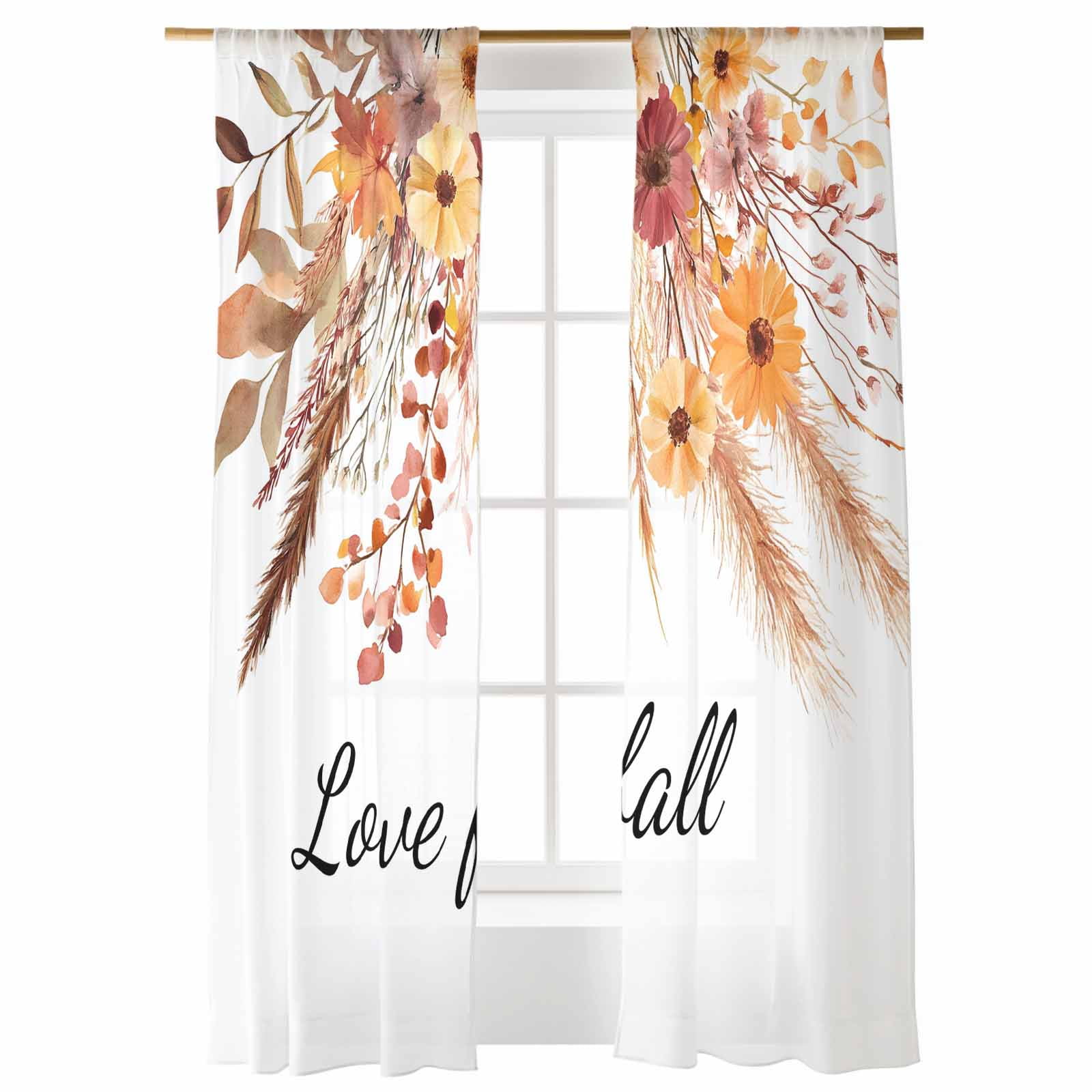 Sheer Curtains 96 inches Long, Love Fall Thanksgiving Flower Pine Cone ...