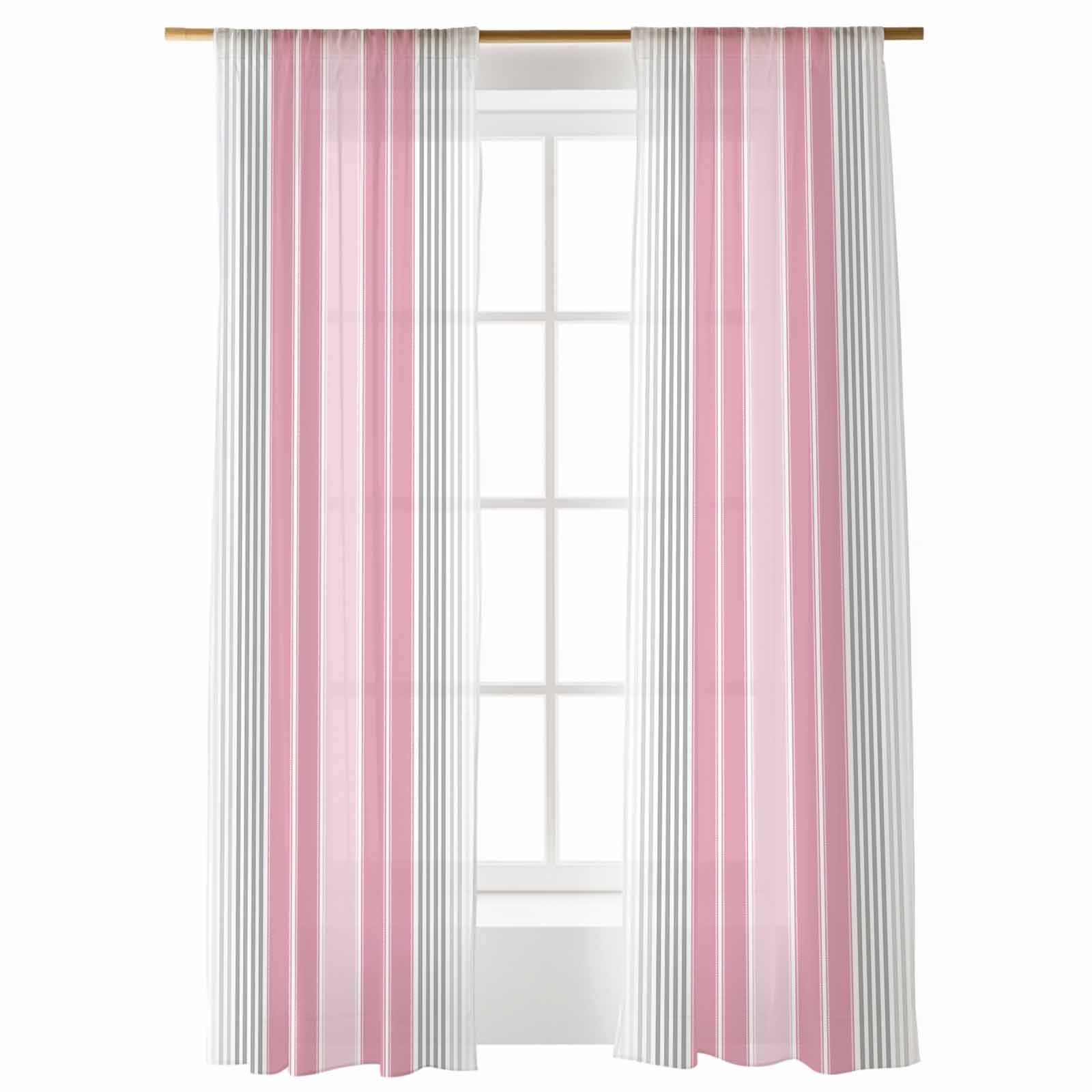 Sheer Curtains 96 inches Long, Minimalist Pink Gradient Gray Stripe Light Filtering Sheer Window ...