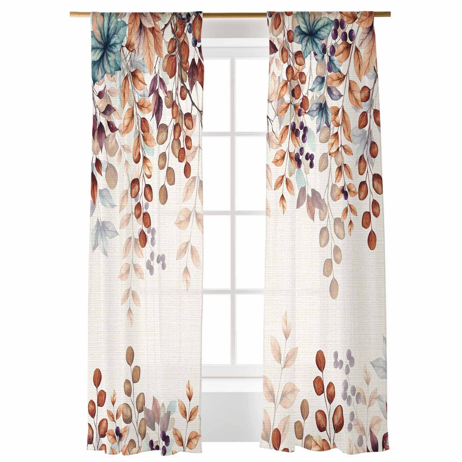 Sheer Curtains 96 inches Long, Orange Eucalyptus Leaves Abstract Branch ...