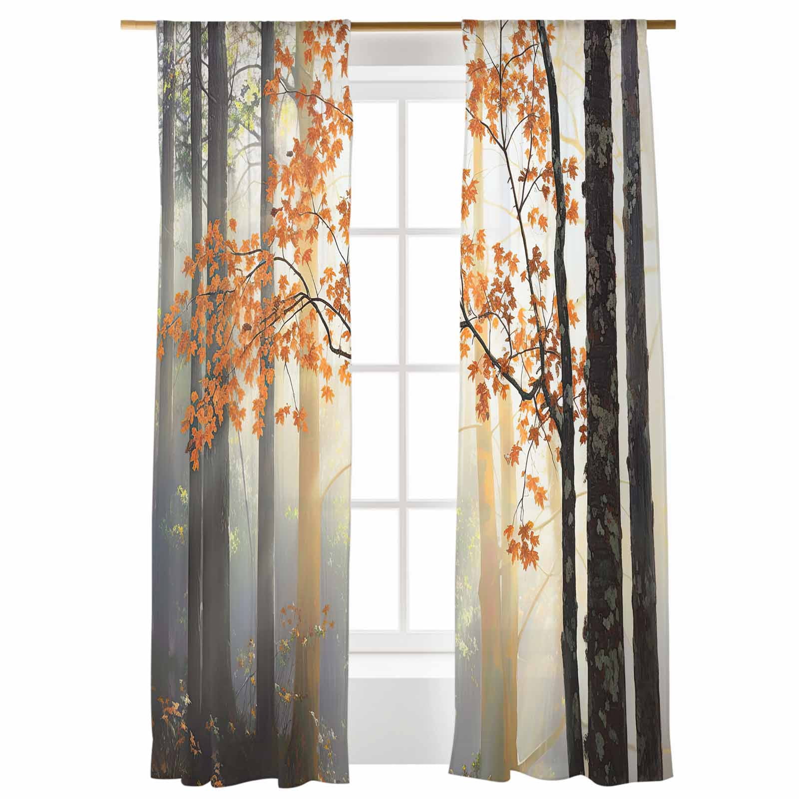 Sheer Curtains 96 inches Long, Orange Maple Leaves Wood Sunlight Light ...