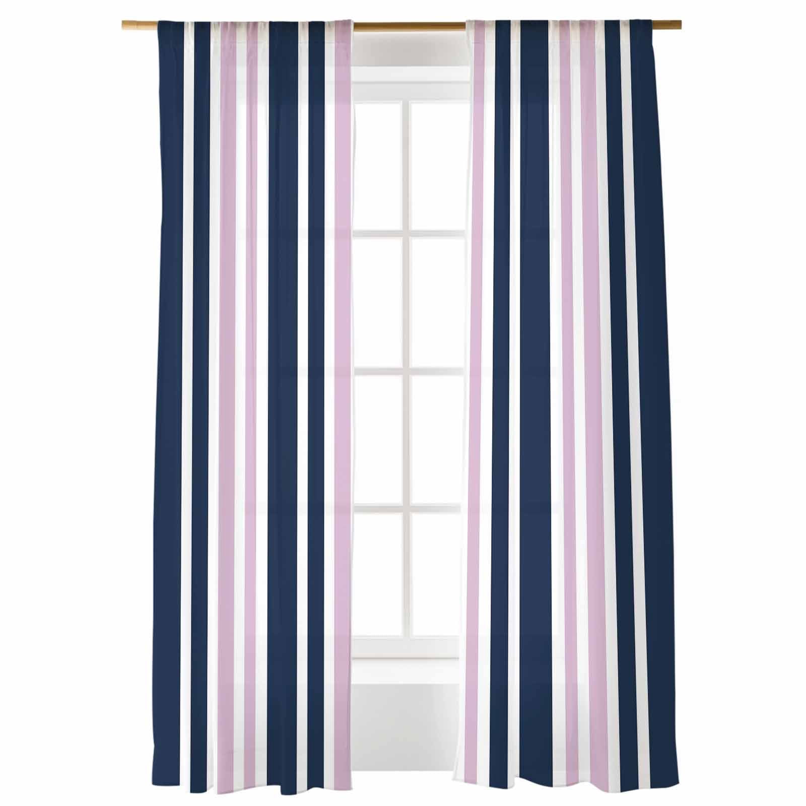 Sheer Curtains 96 inches Long, Pink Dark Blue Striped Minimalist ...