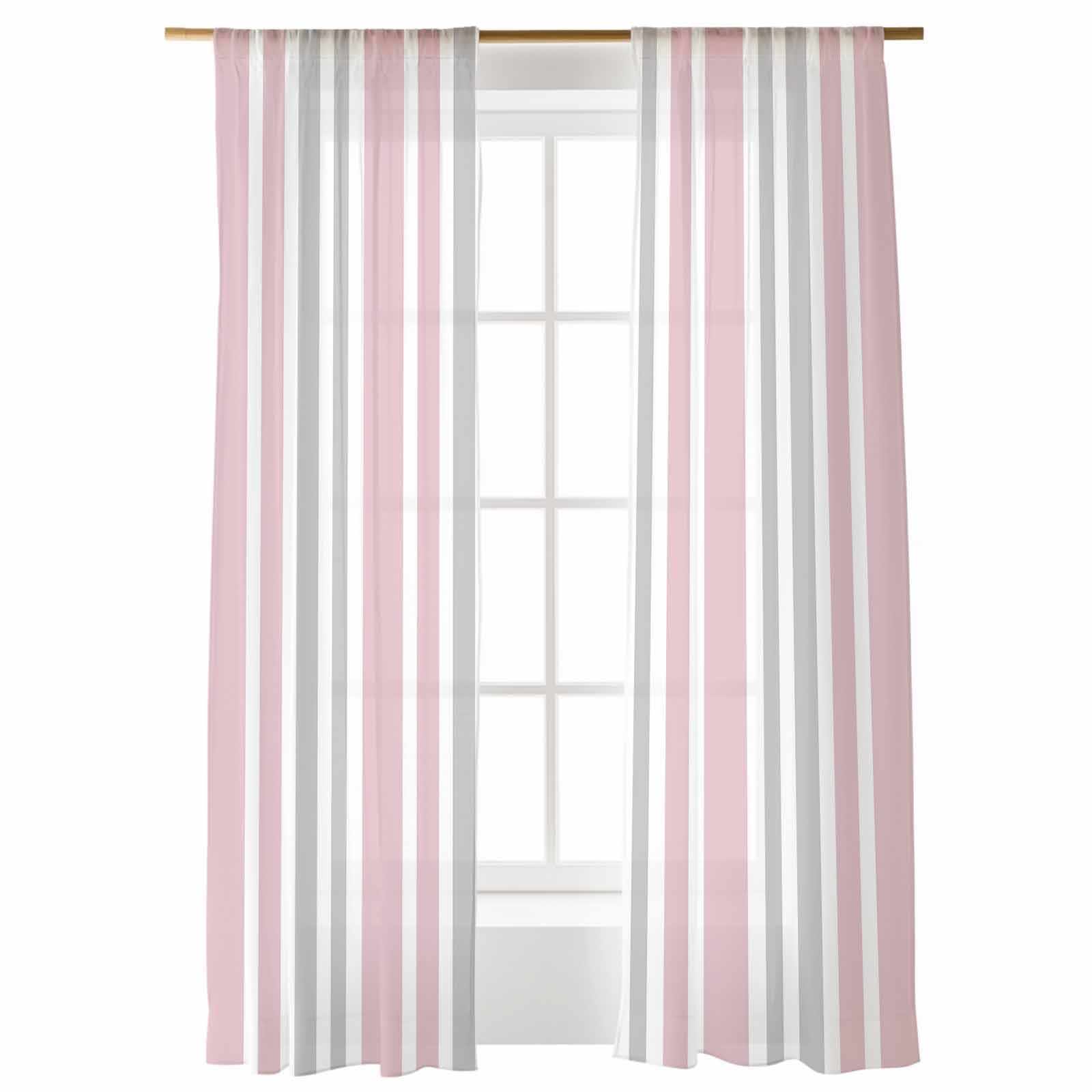 Sheer Curtains 96 inches Long, Pink Gray Stripe Minimalist Vertical Stripes Modern Art Light ...