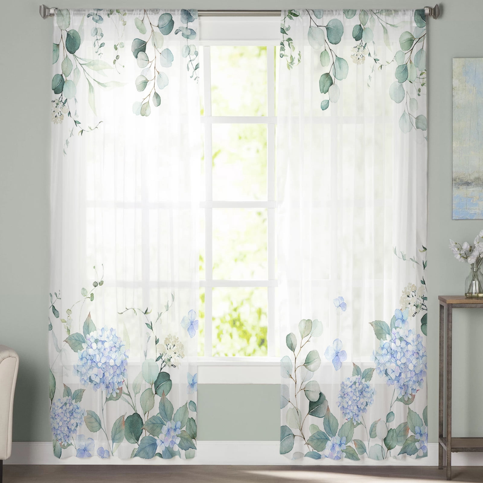 Sheer Curtains 96 inches Long, Plants Floral Blue Hydrangea Eucalyptus ...