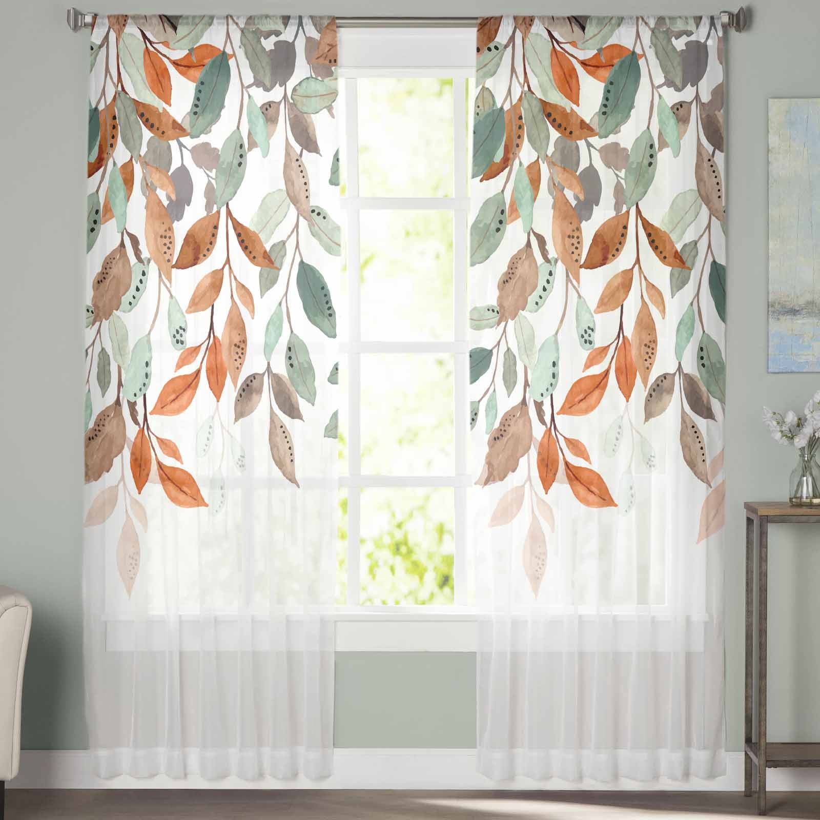 Sheer Curtains 96 inches Long, Plants Seasonal Farmhouse Style Leaves ...