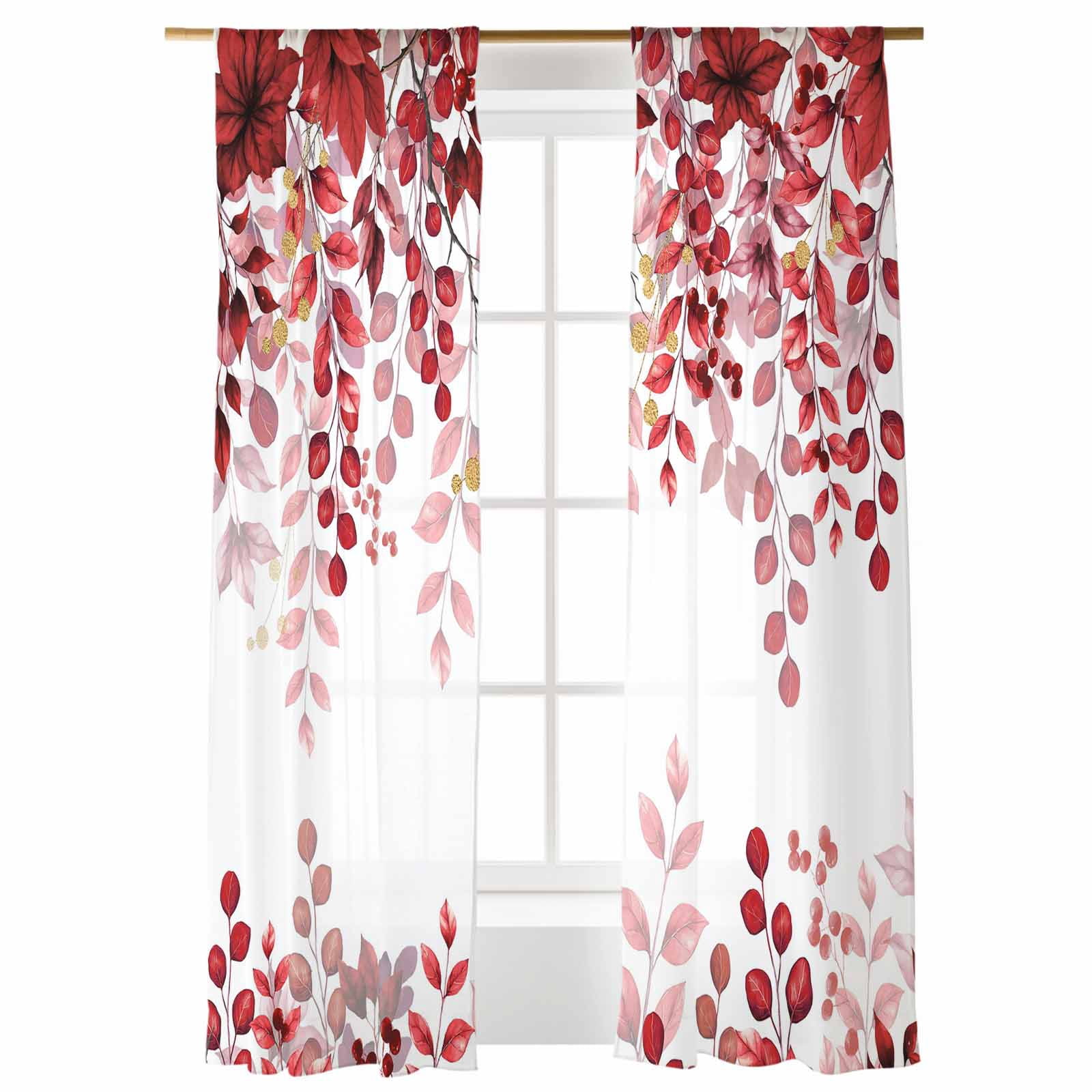 Sheer Curtains 96 inches Long, Red Eucalyptus Leaves Abstract Branch ...