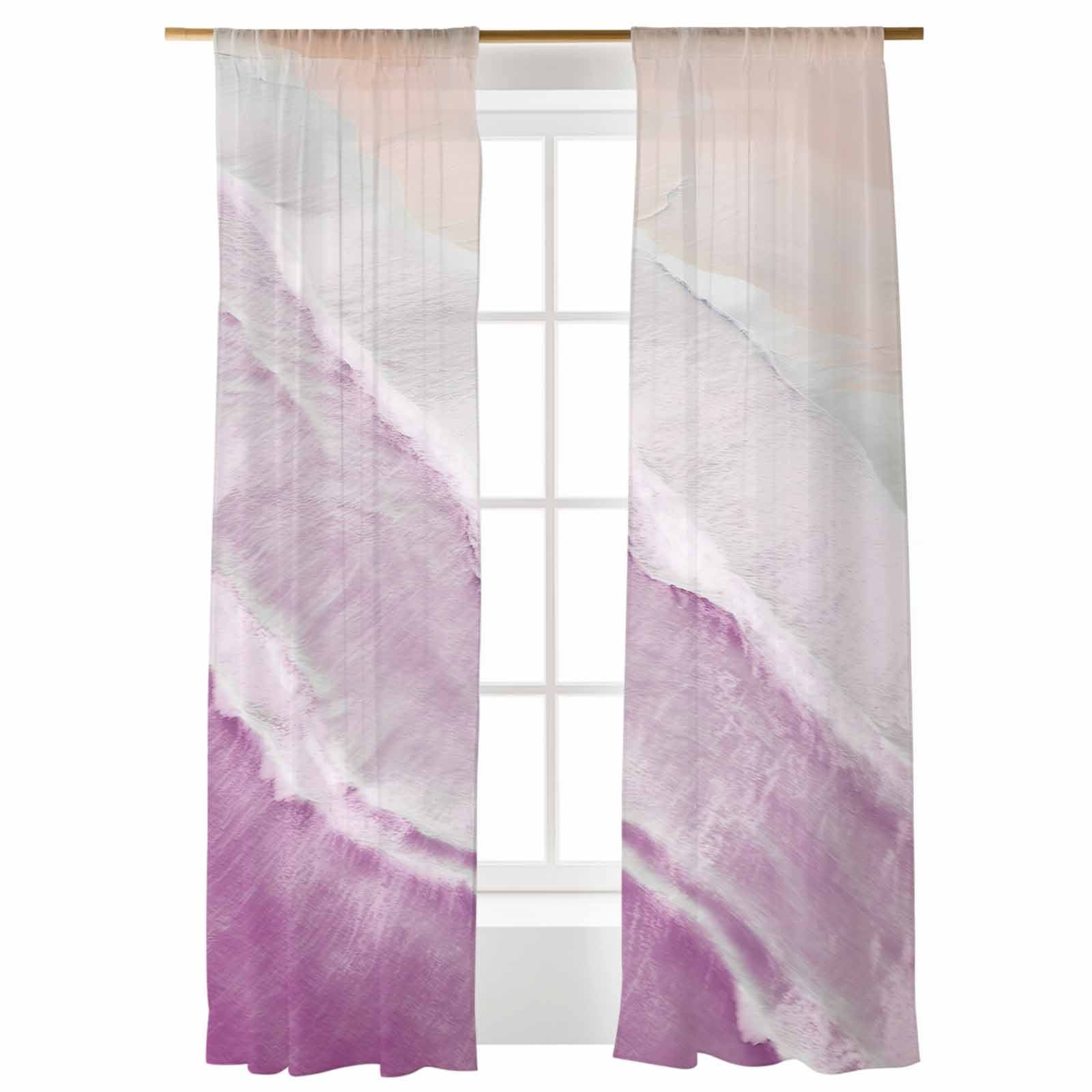 Sheer Curtains 96 inches Long, Rose Red Gradient Sea Waves Sandy Beach ...