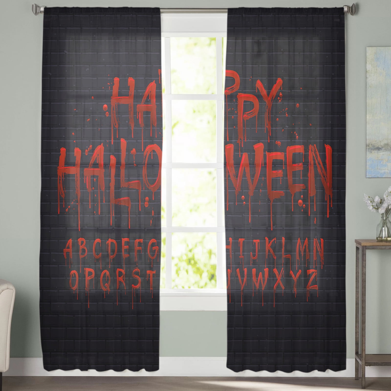 Sheer Curtains 96 inches Long, Scary Red Bloody Words Halloween Light ...