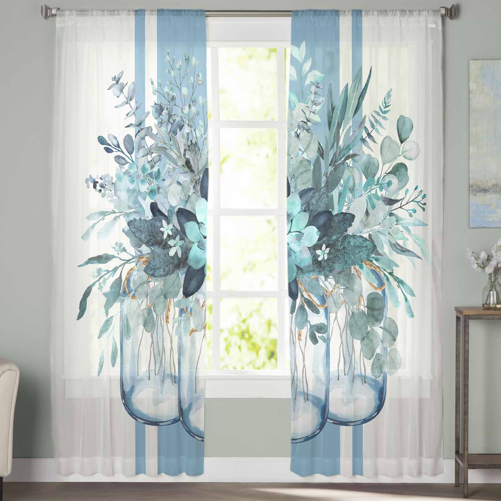Sheer Curtains 96 inches Long, Summer Vintage Blue Flowers with Leaves ...