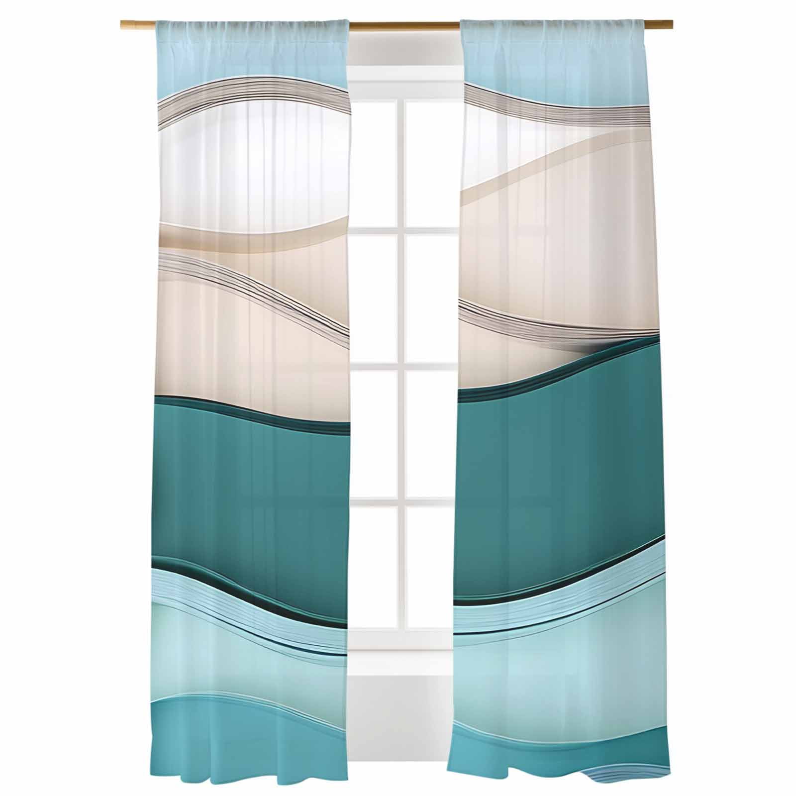 Sheer Curtains 96 inches Long, Teal Beige Gradient Waves Abstract Ombre ...